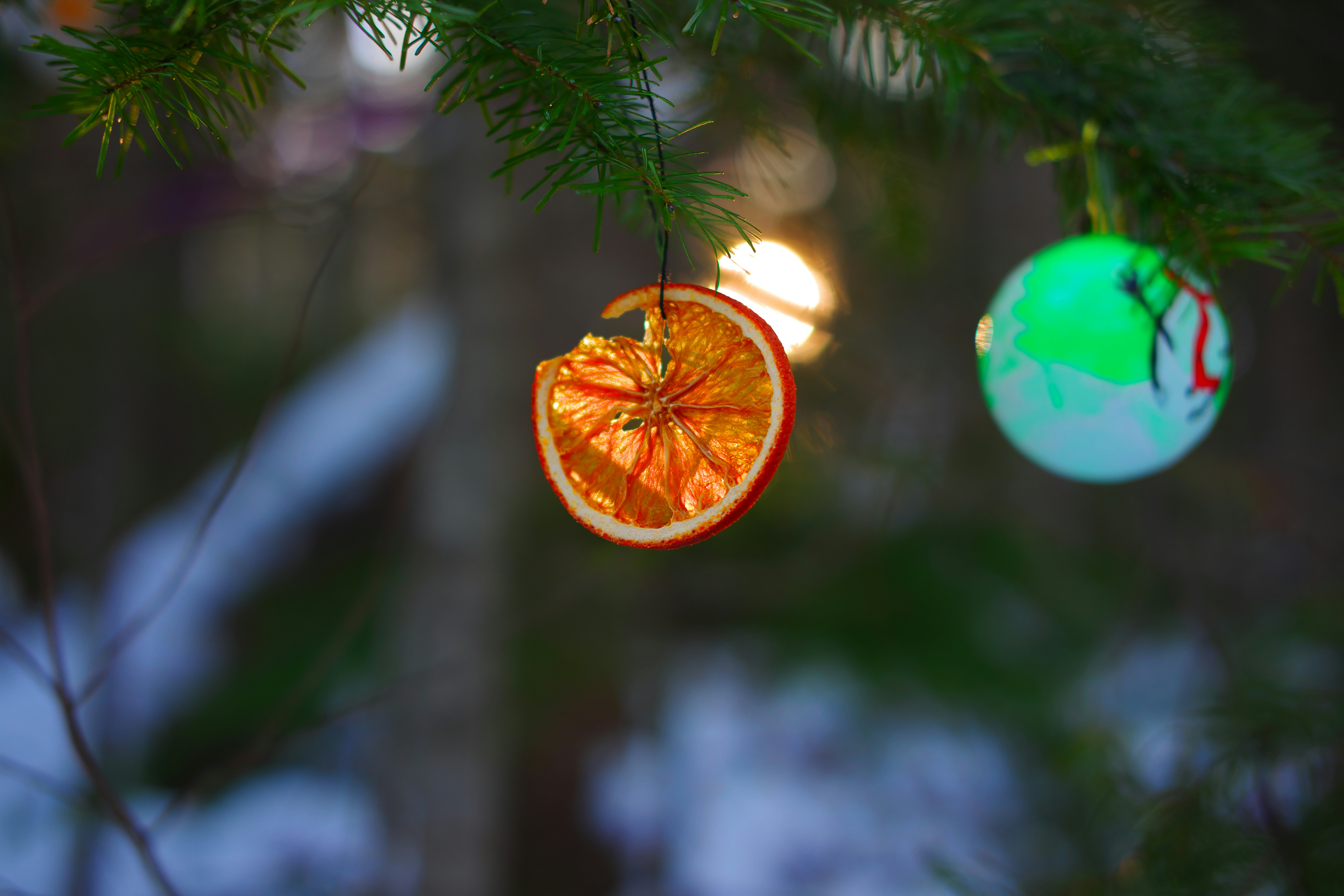 Zesty Spheres: A Dried Orange and a Green Ornament in Winter Light