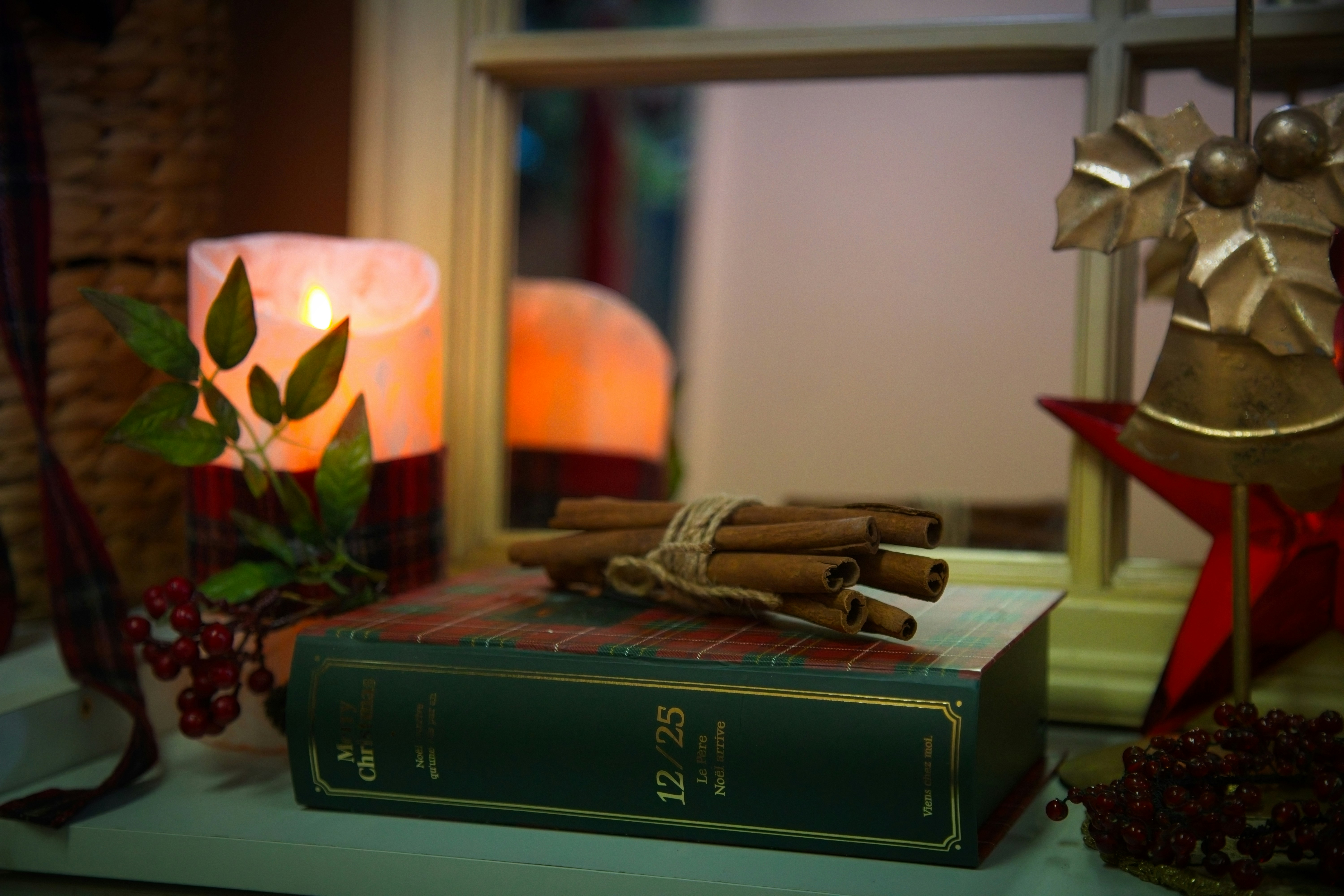 Cinnamon still life by candlelight on a green book