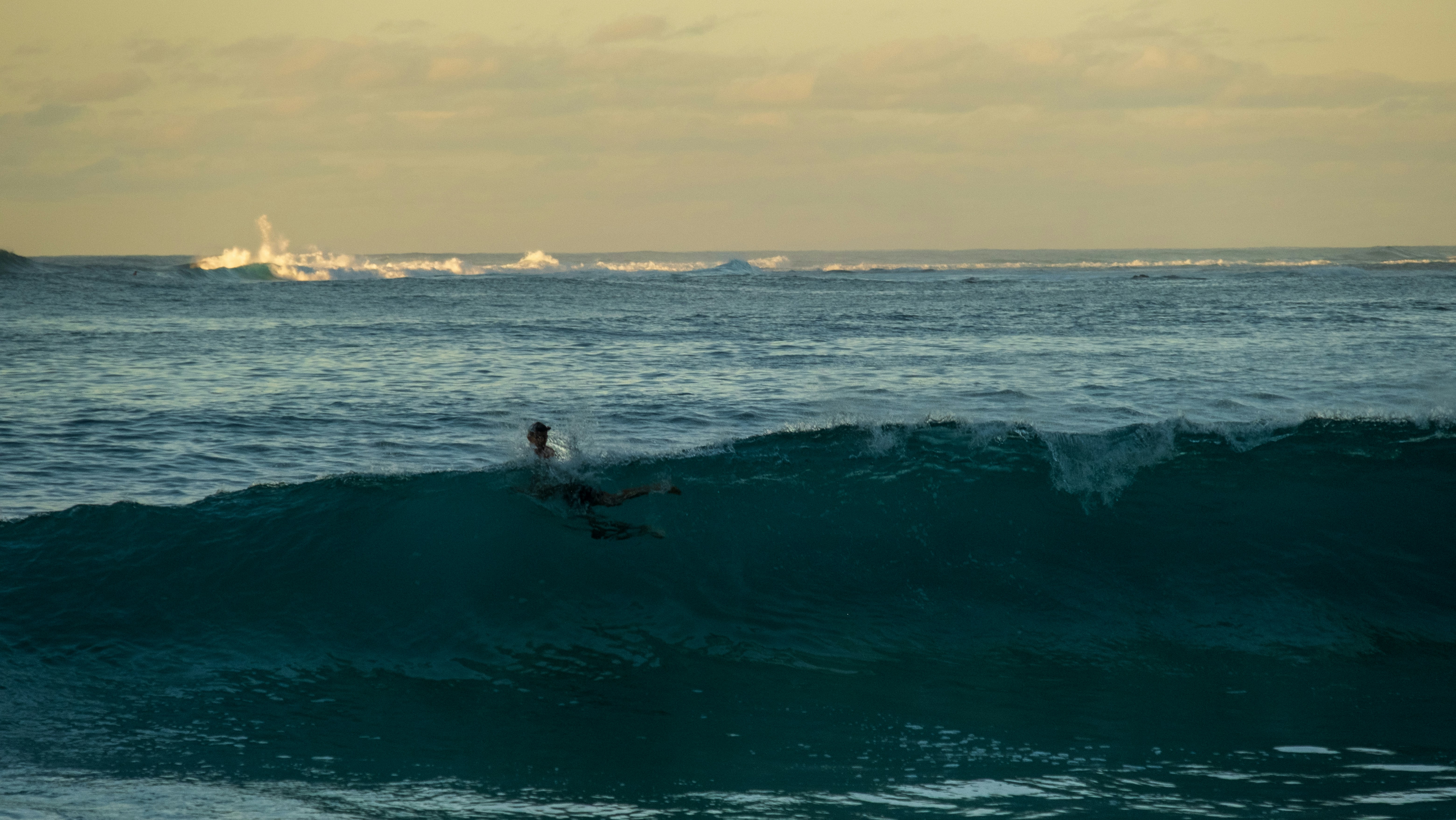 A surfer swimming over a wave in Hawaii