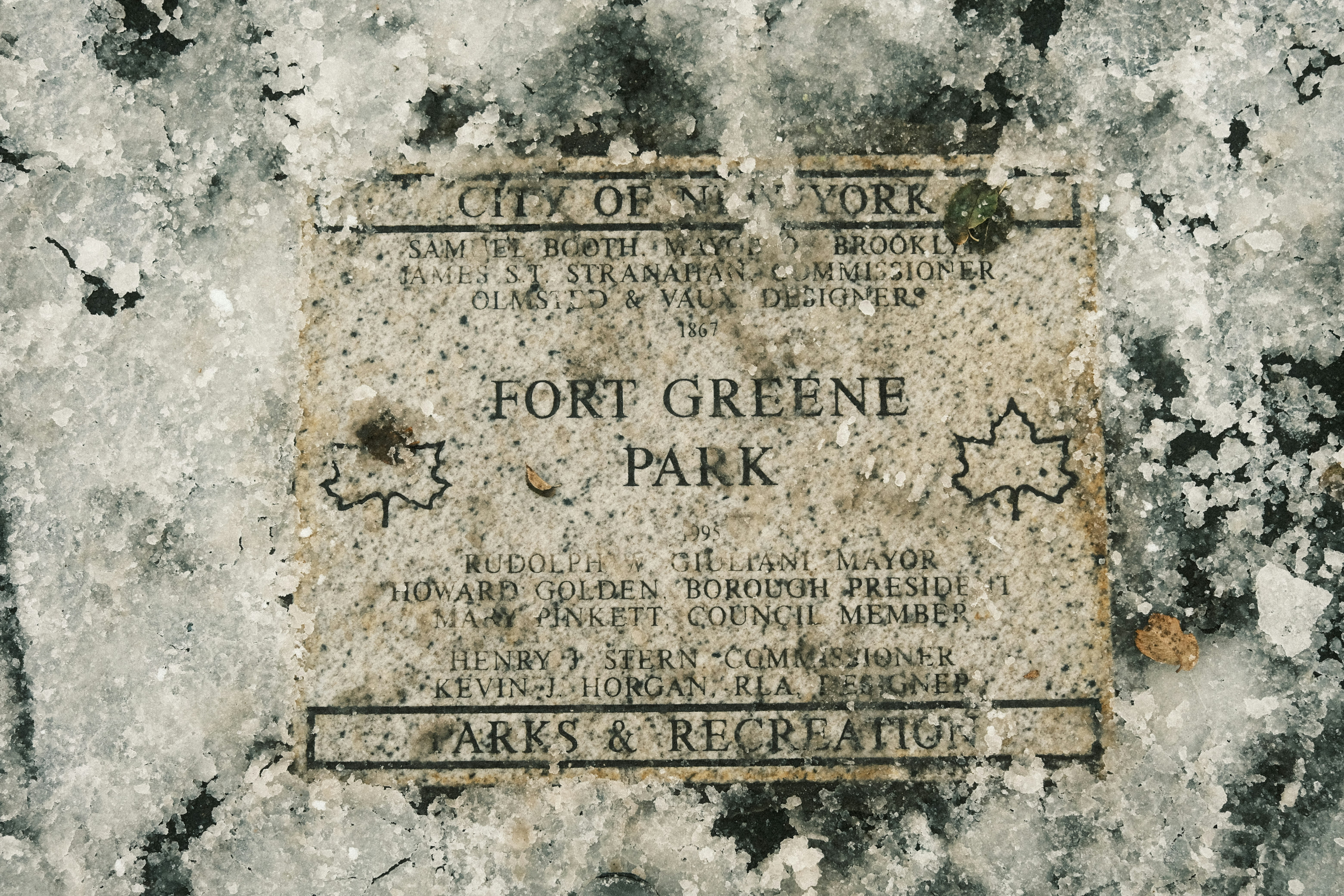 Fort Greene Park Plaque in Snow: A Historic Marker Framed by Winter Snow