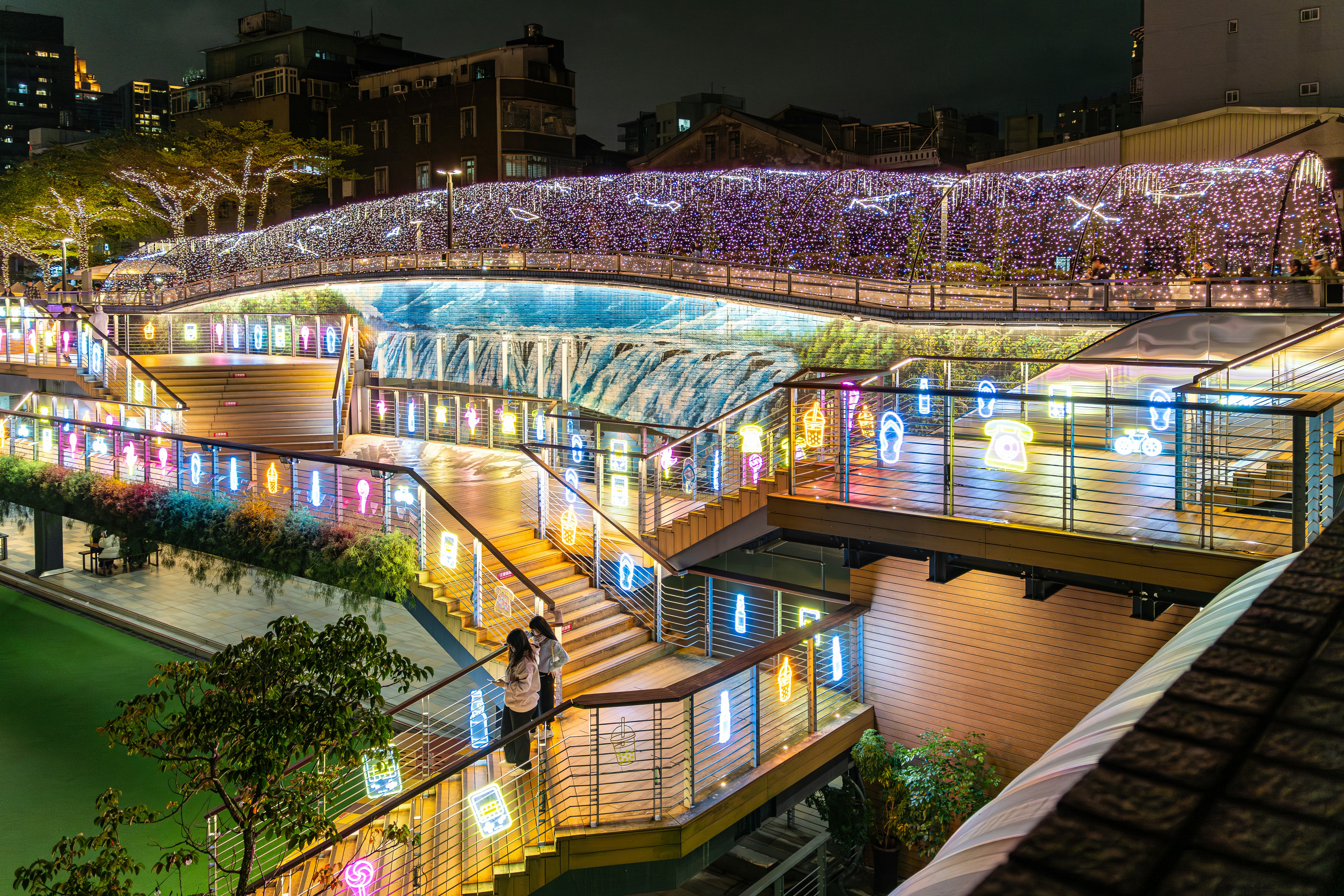 Illuminated Terraced Passageway: Night Lights on the Floating Boardwalk