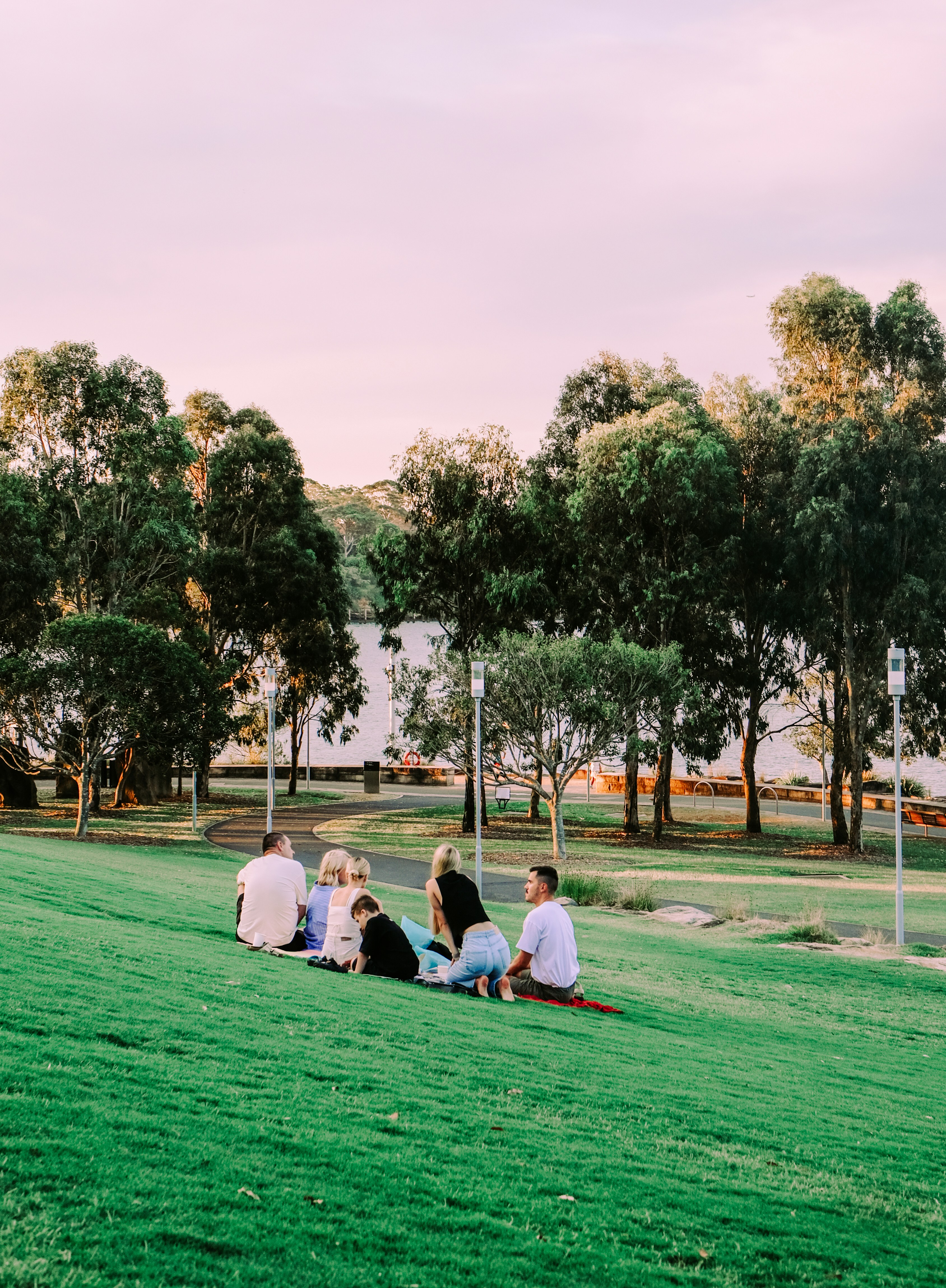 Picnic by the Hillside: Friends Gather on Fresh Green Grass