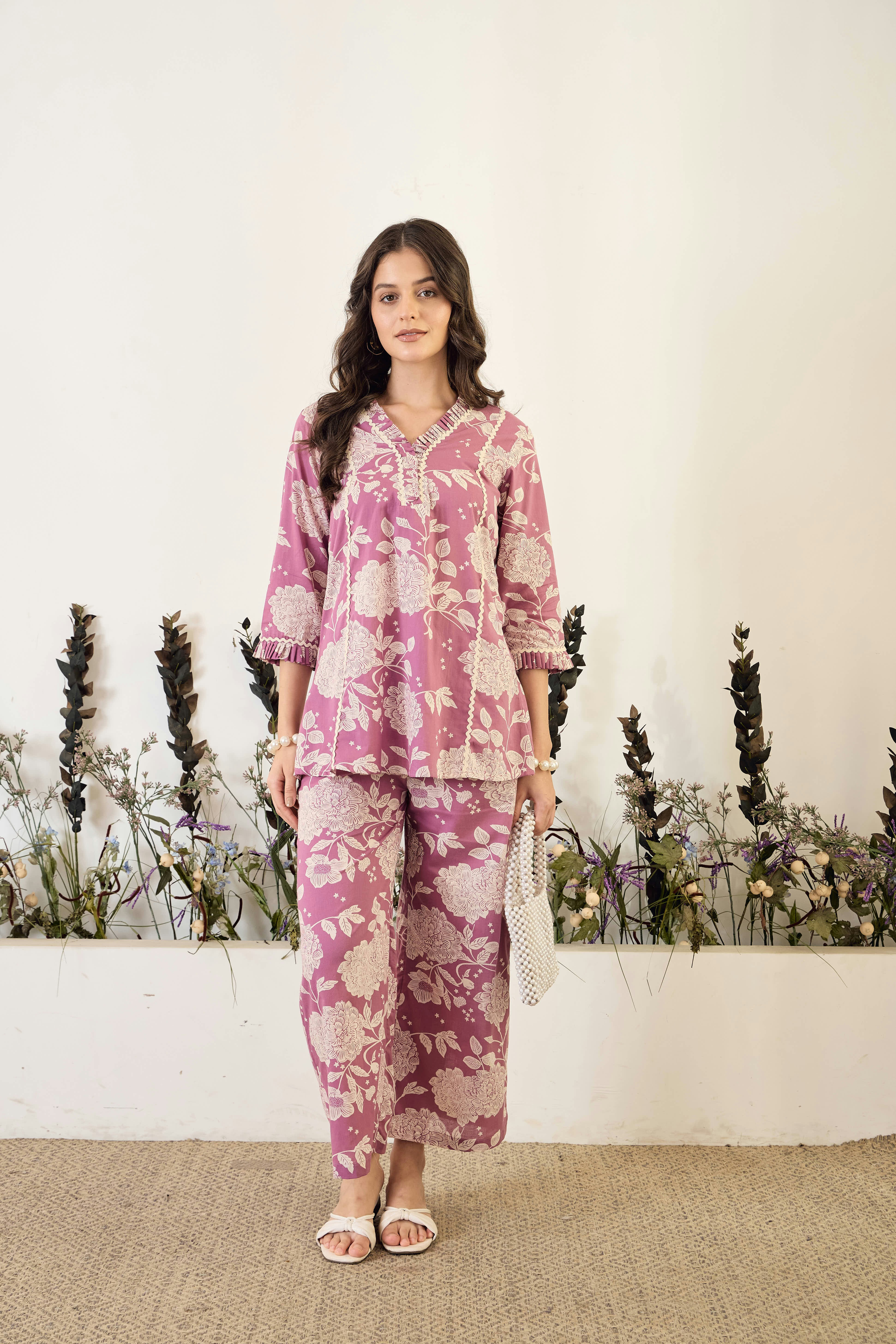 Pastel Flora: A Softly Patterned Ensemble Stands Central