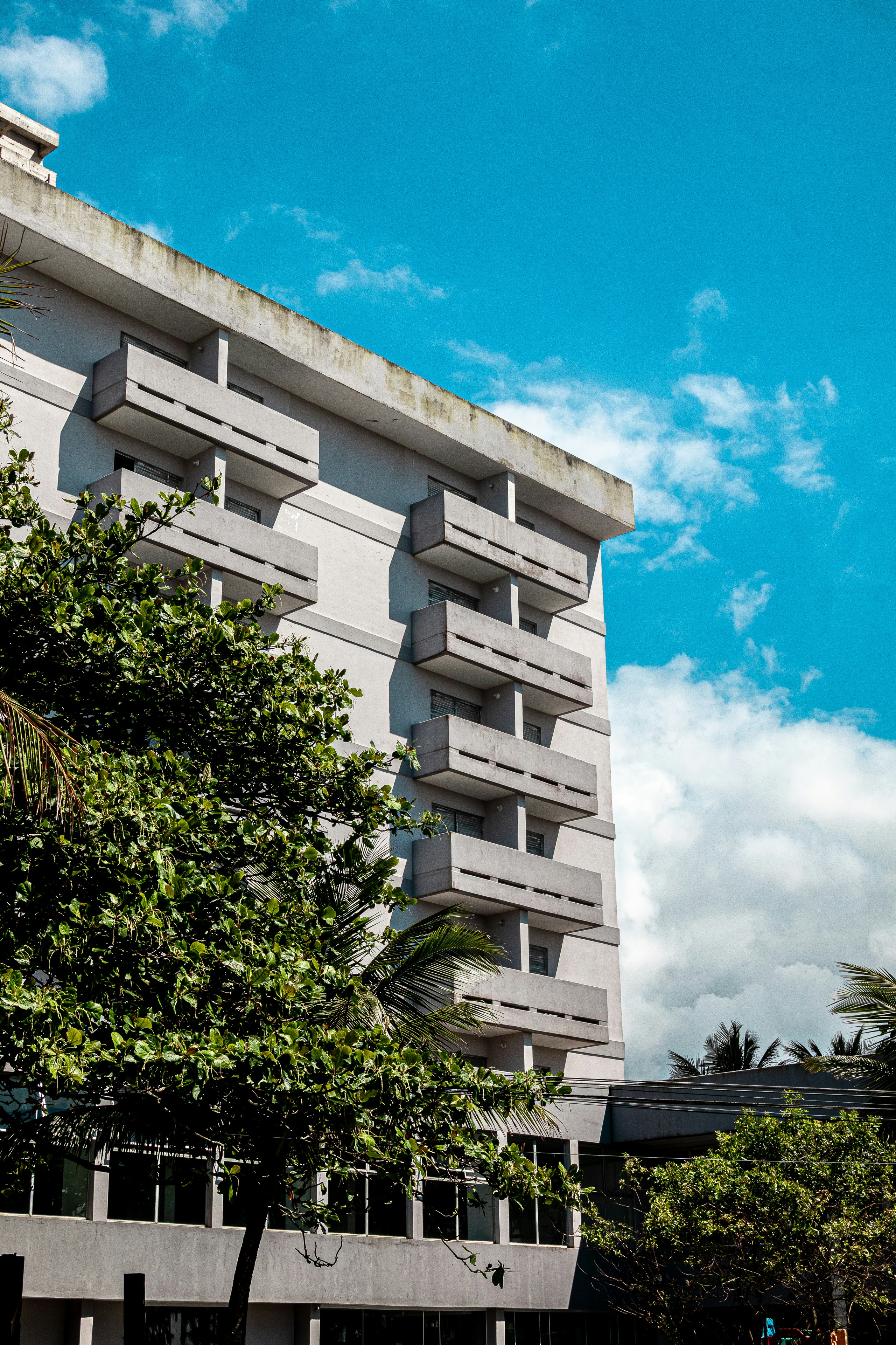 A modern building with balconies stands against a bright blue sky with scattered clouds. Lush green trees partially obscure the lower floors of the building, adding a natural element to the urban scene.