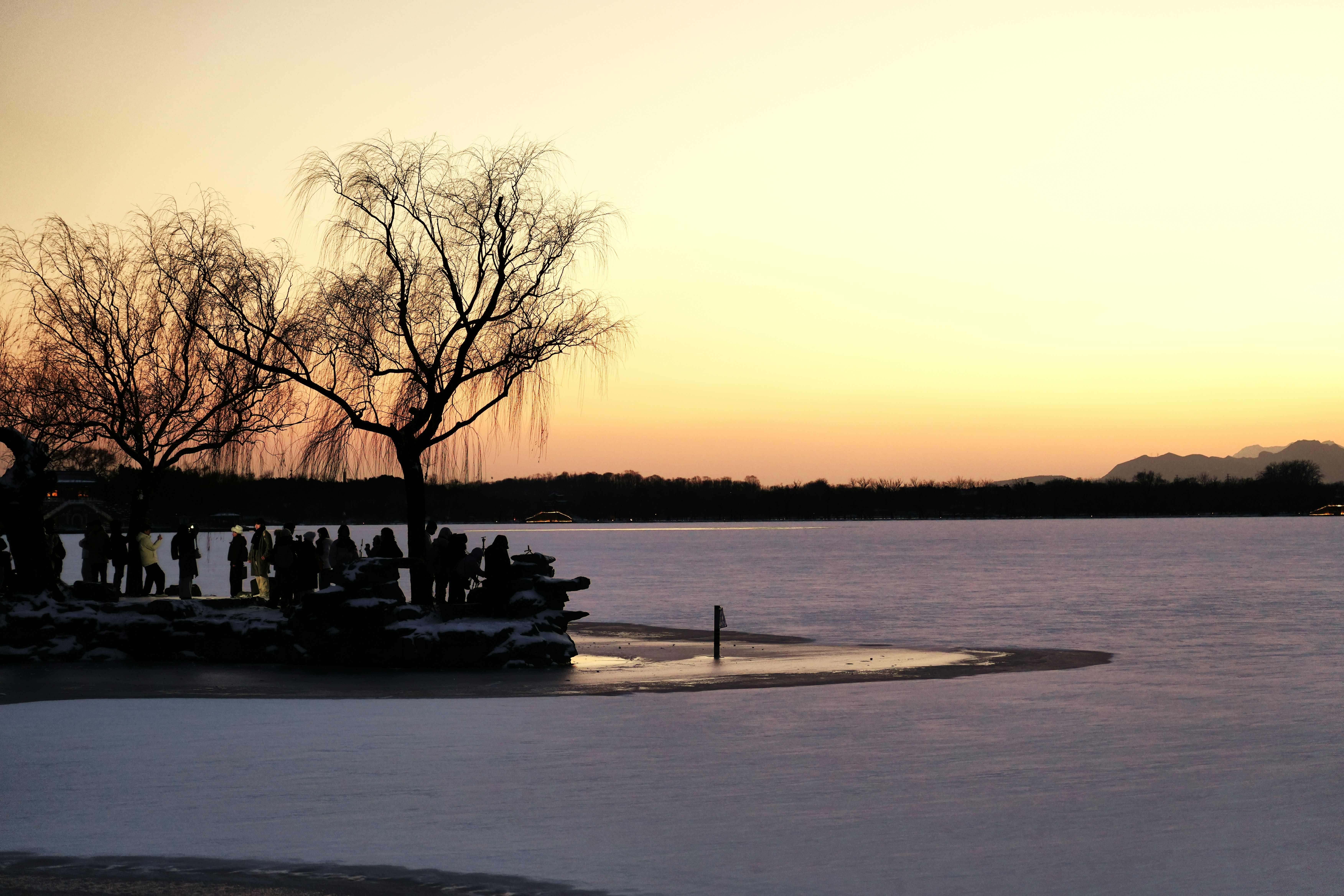 Silent shoreline silhouettes at the edge of sunset