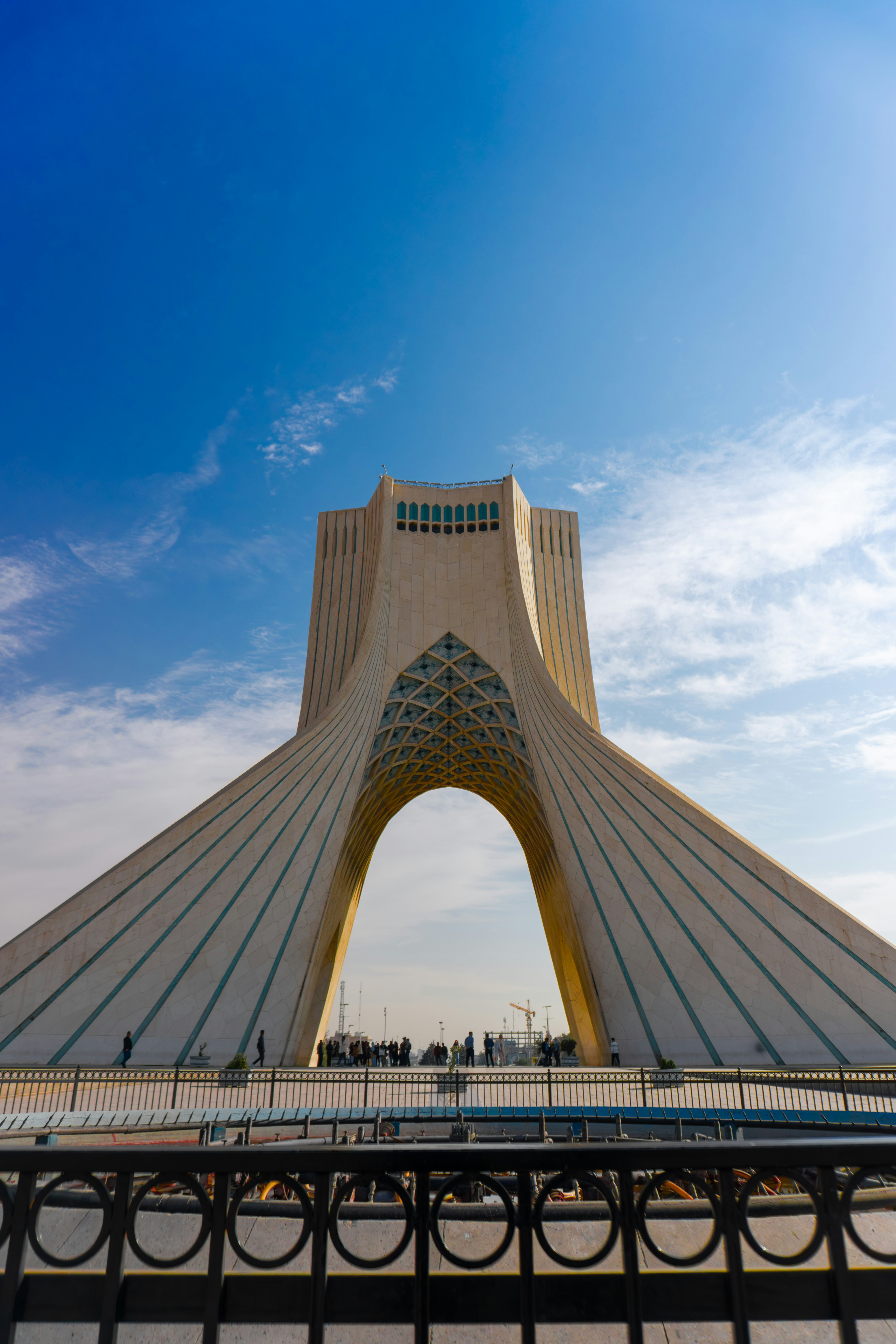 Iconic modern architecture against a bright blue sky