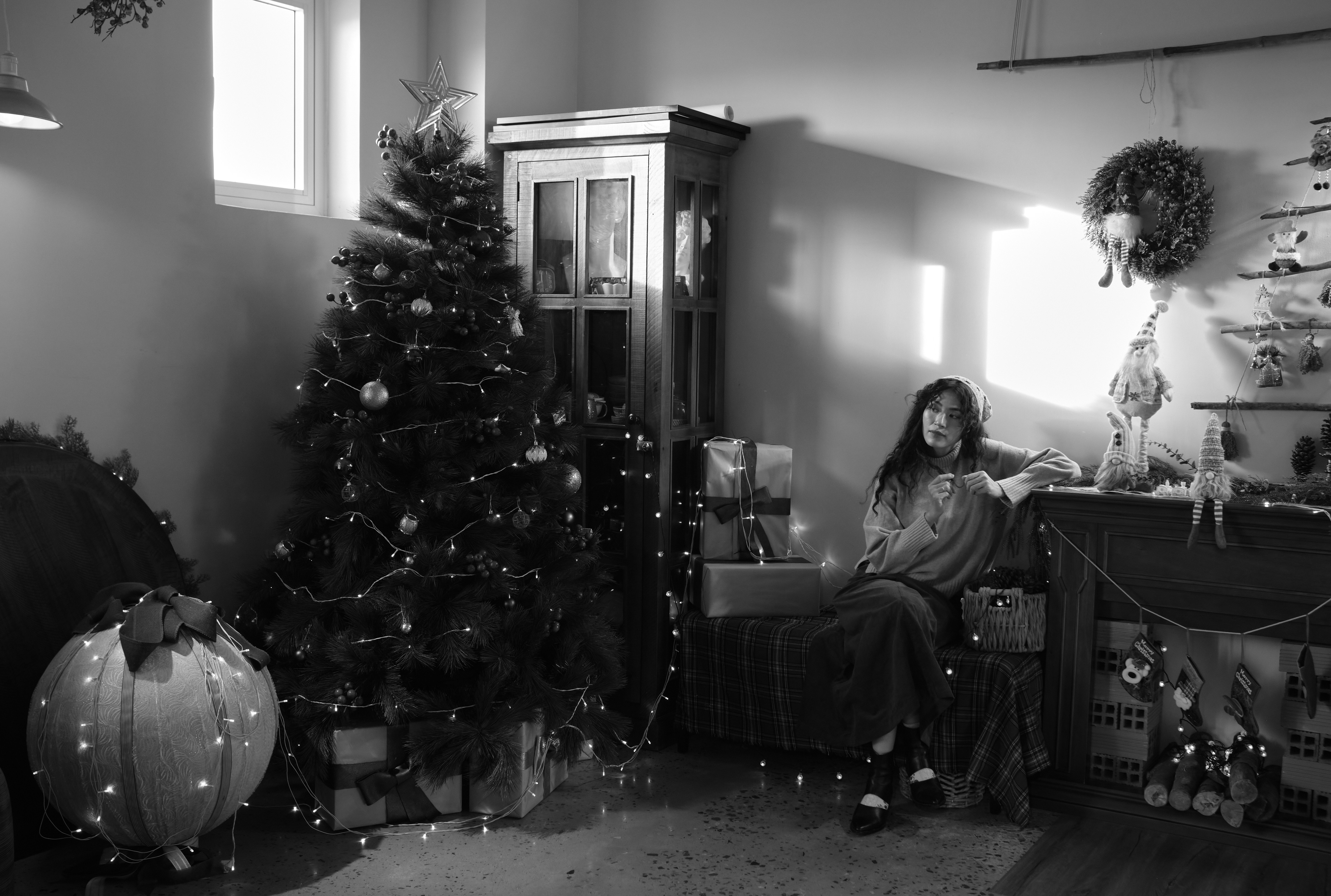Quiet Holiday Corner: A Girl by the Tree in Soft Night Glow