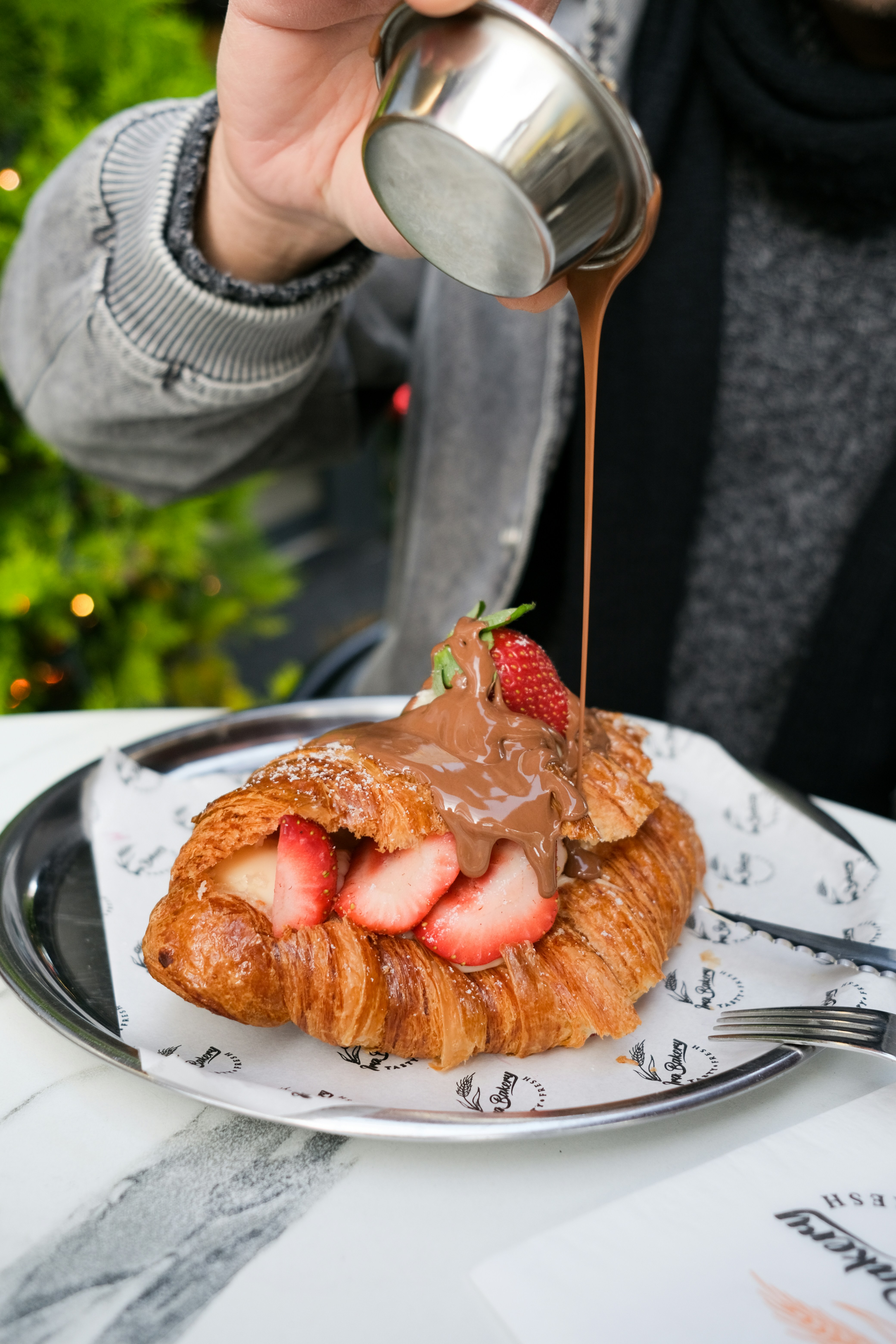 Chocolate-streaked Croissant Crowned with Strawberries