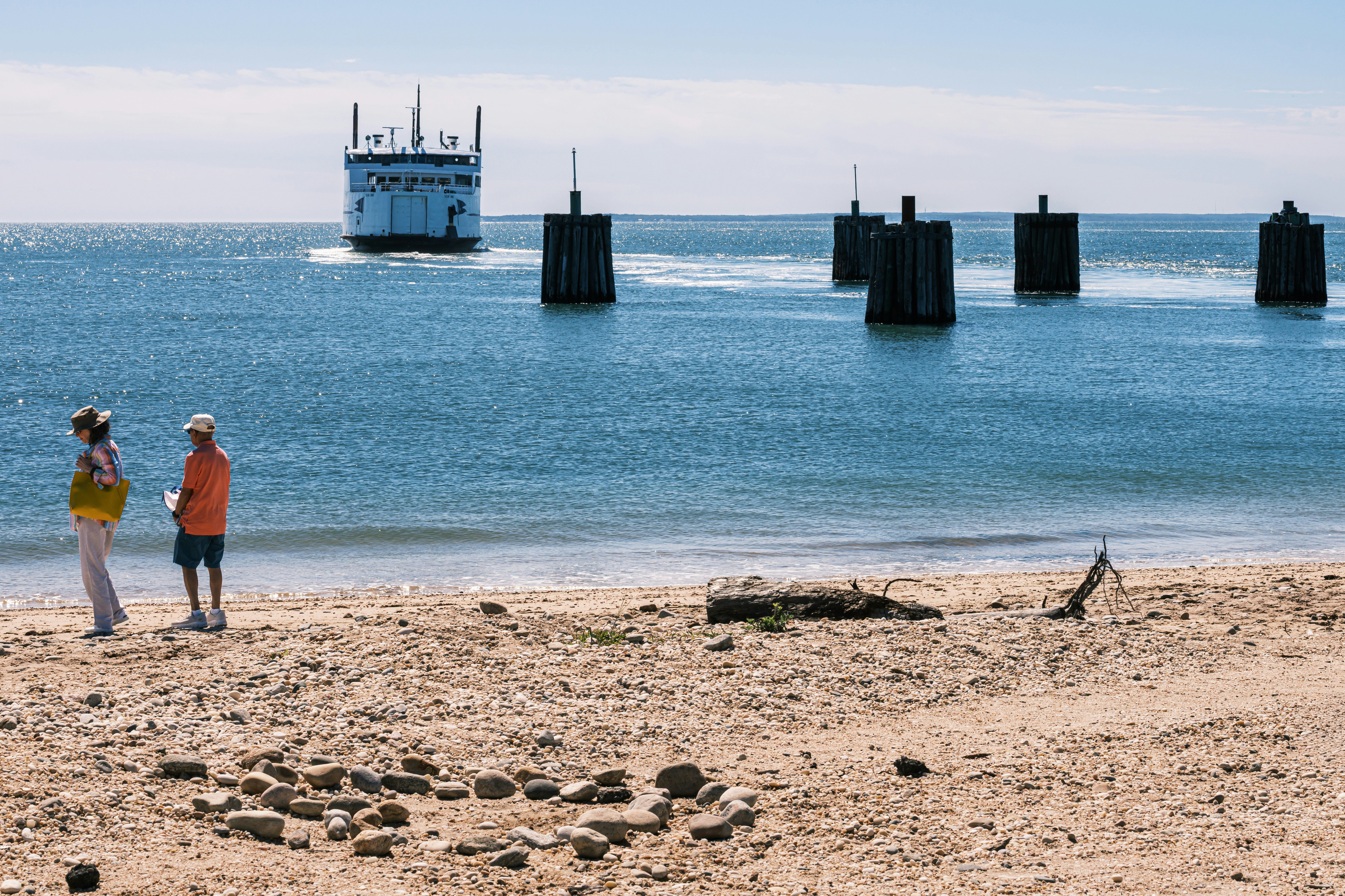 Coastal Conversation: Two Figures at the Shore as a Ferry Glides Past