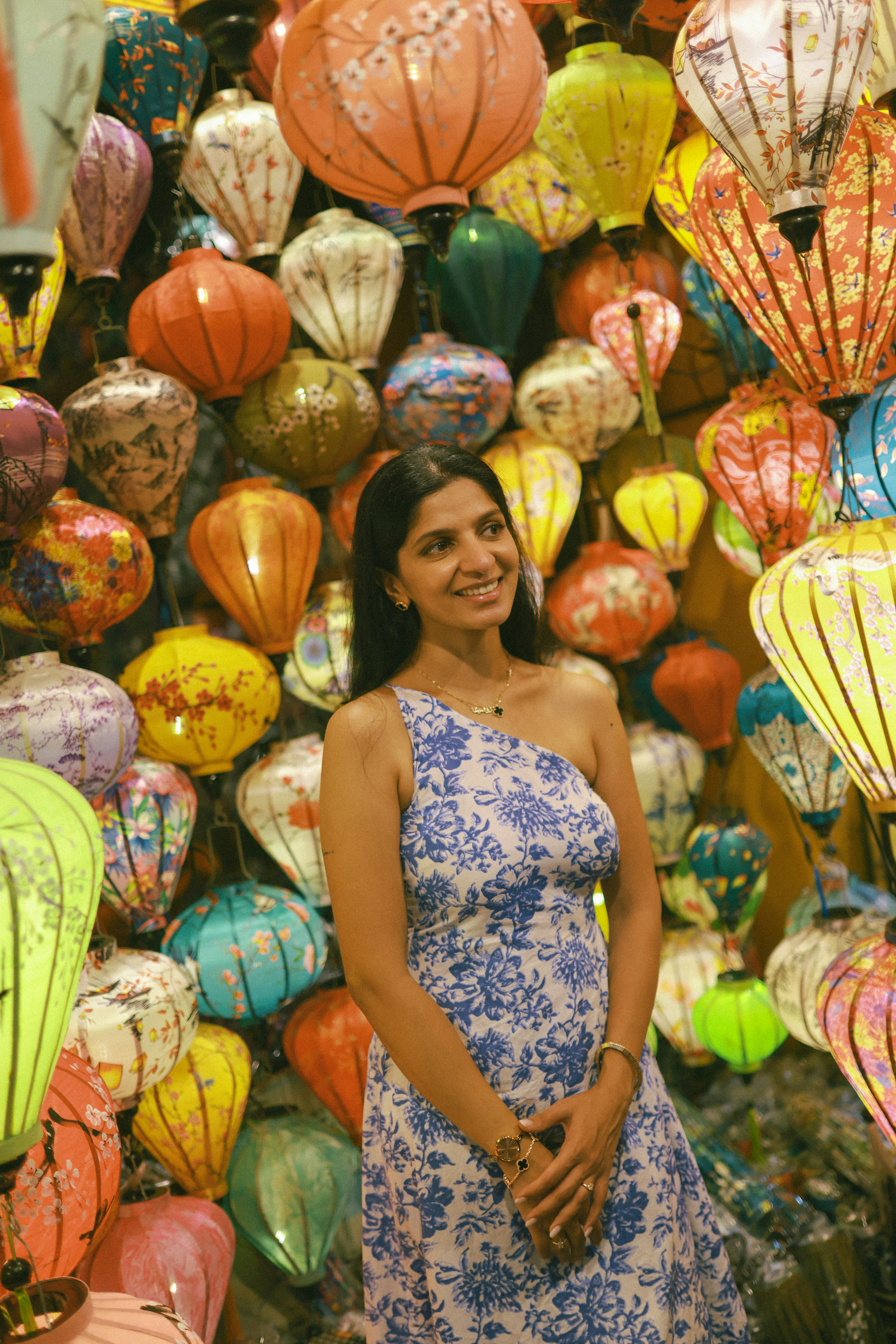 Lanterns in Bloom: A Portrait Amid Colorful Orbs