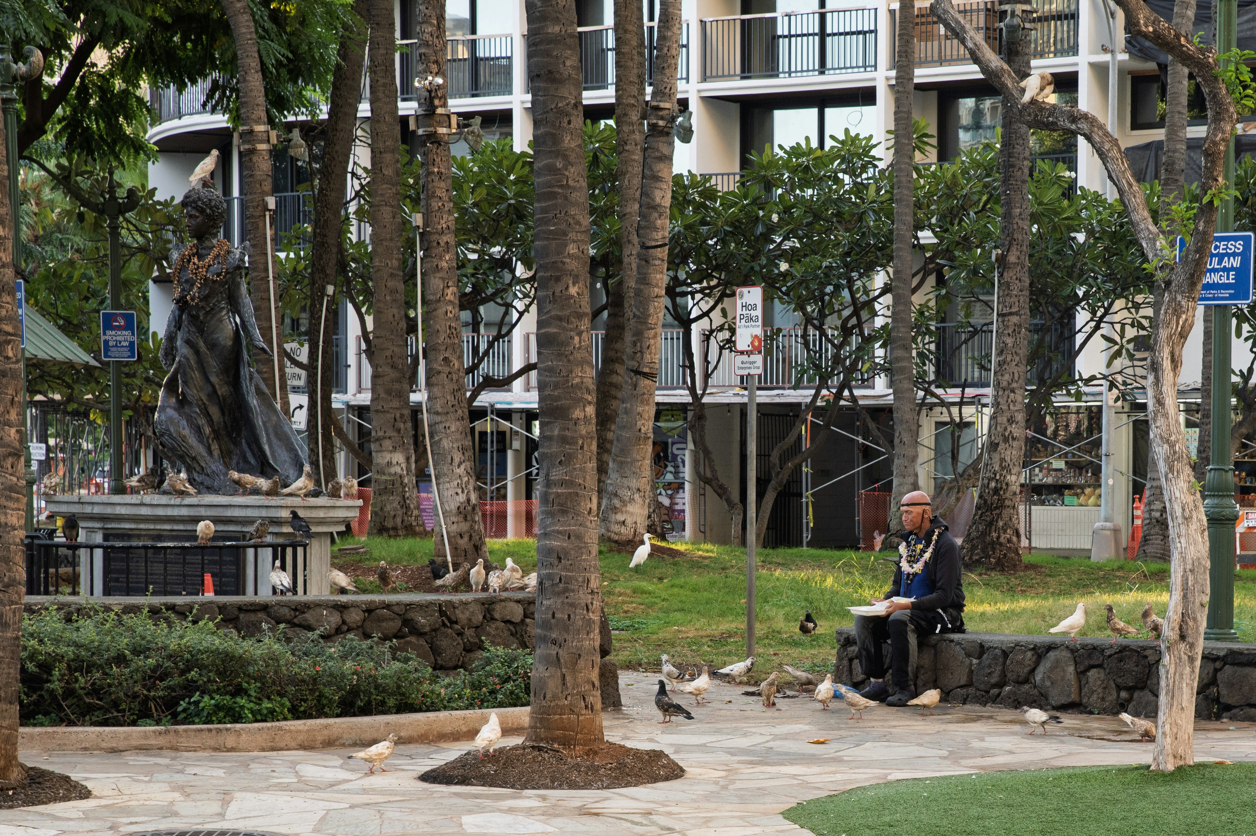 Quiet Plaza: A Seated Man and a Seaside Statue Beneath Palm Courtyard