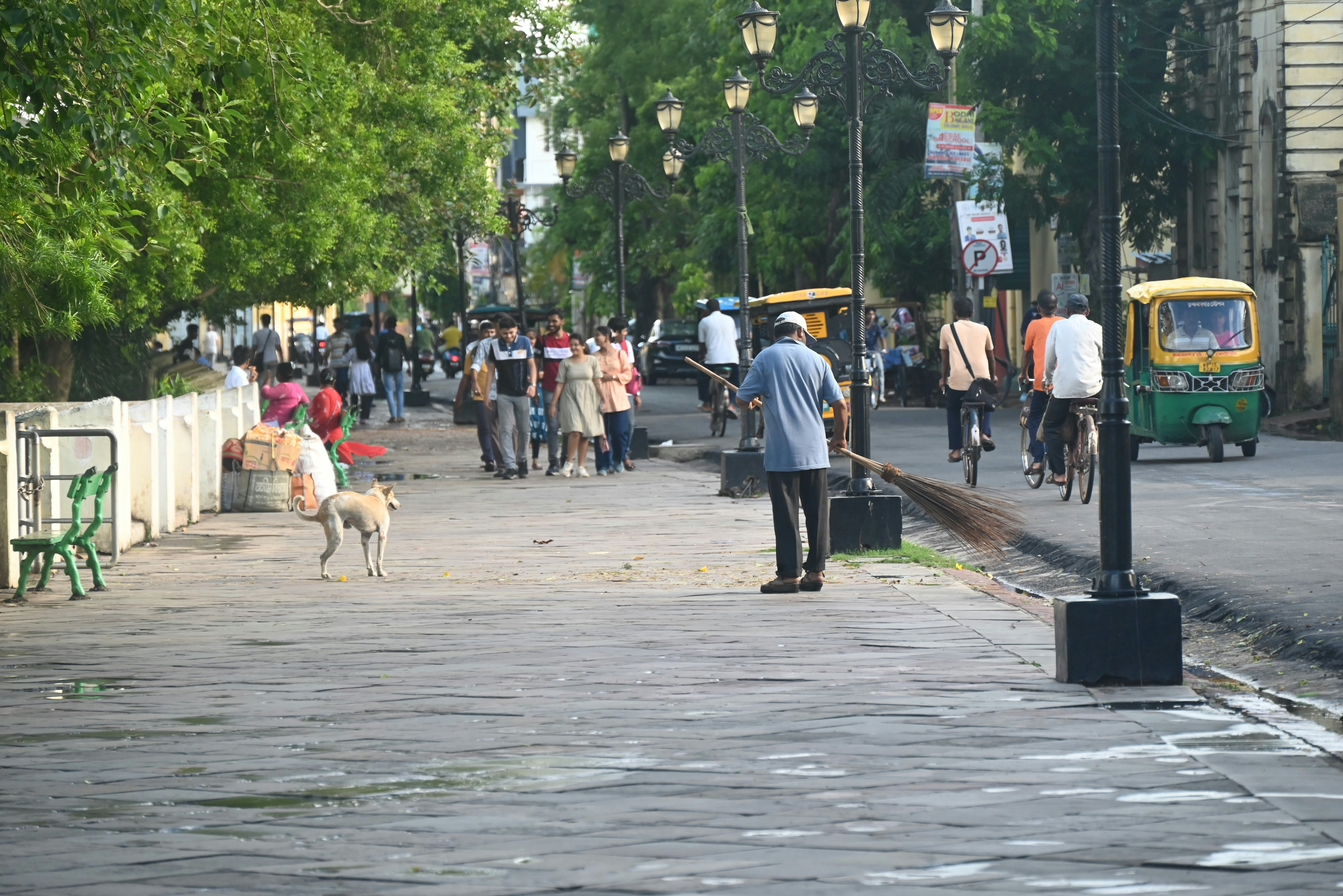 City Street Vive: A Sweeping Pedestrian Promenade with a Street Sweeper in Motion