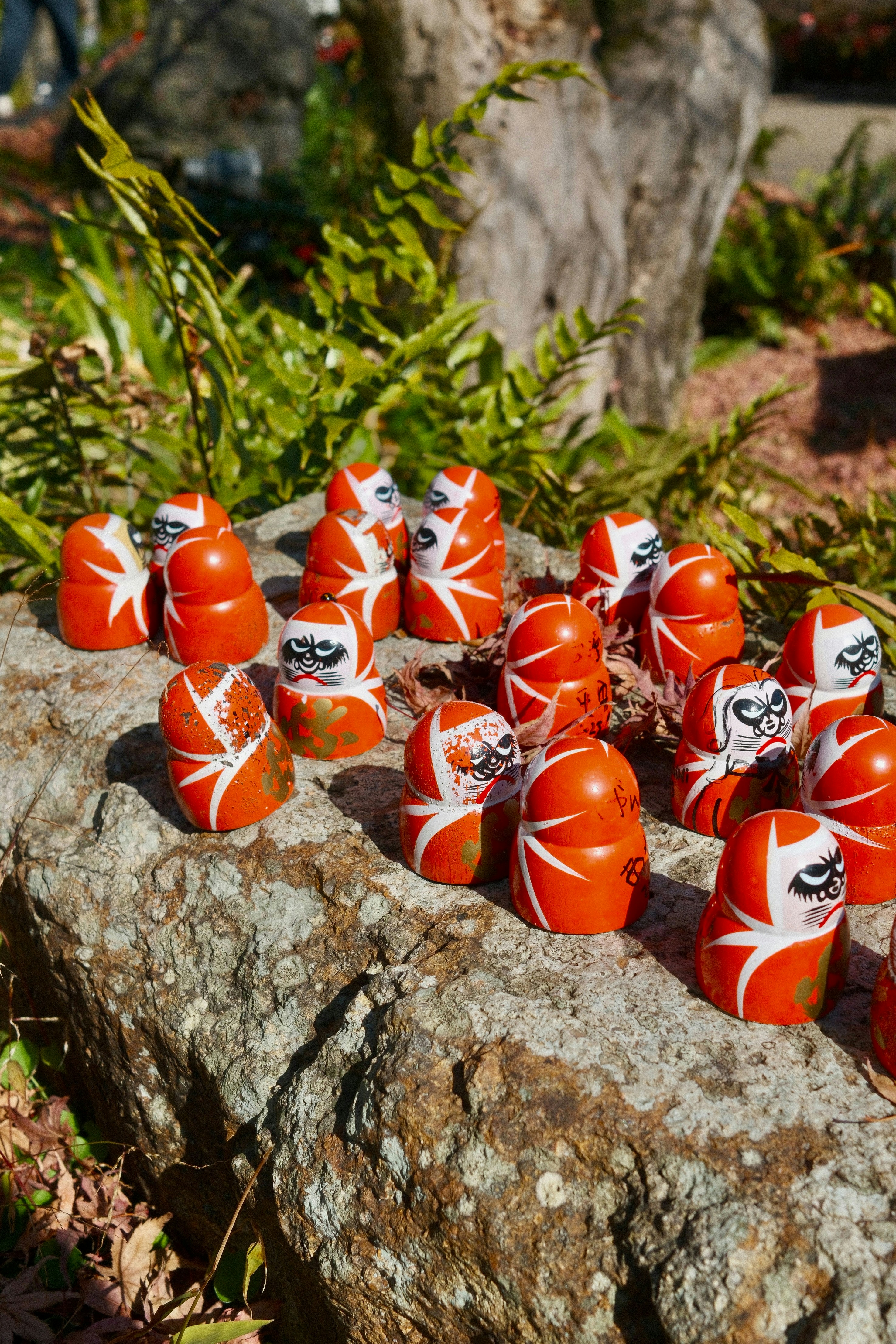 A Playful Parade of Painted Daruma on Weathered Rock