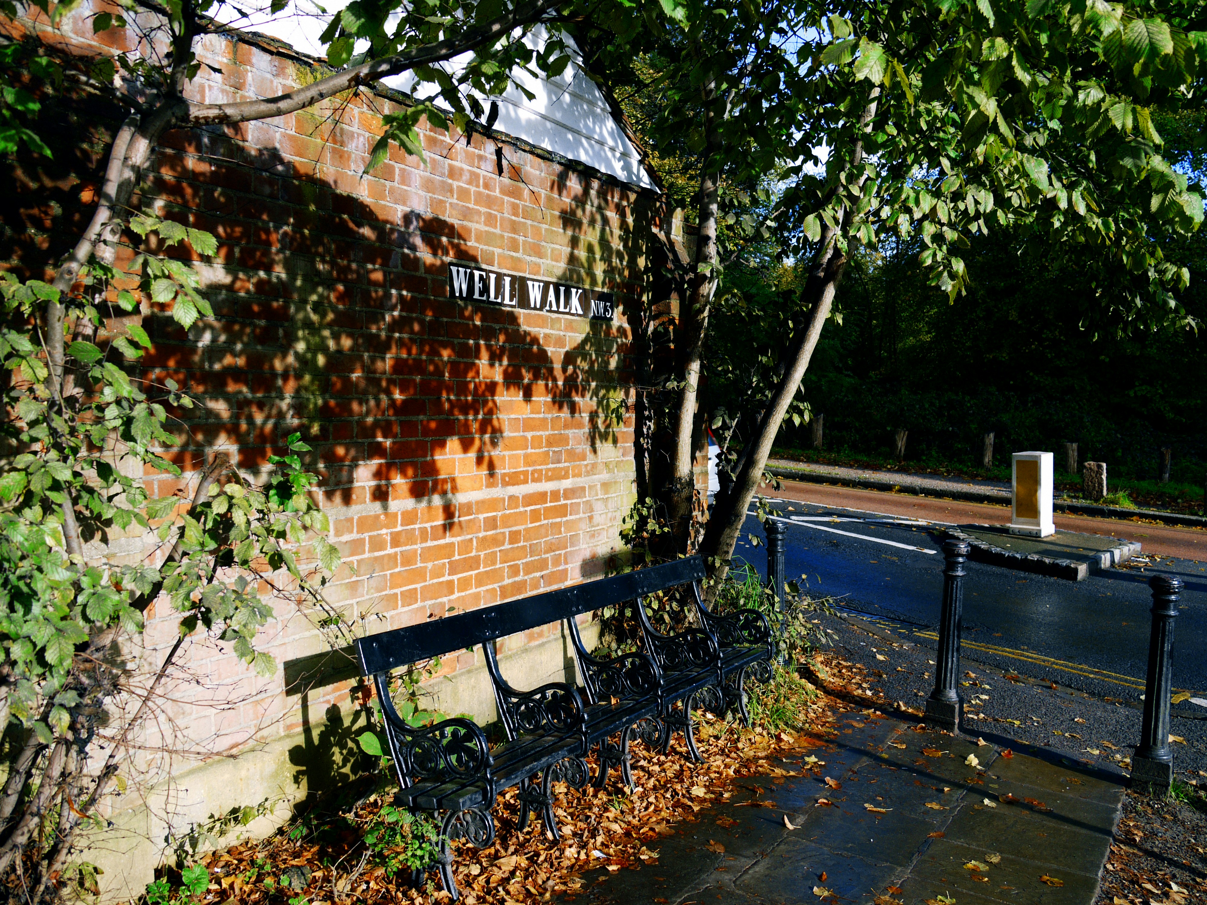 Park benches beside a brick wall under trees