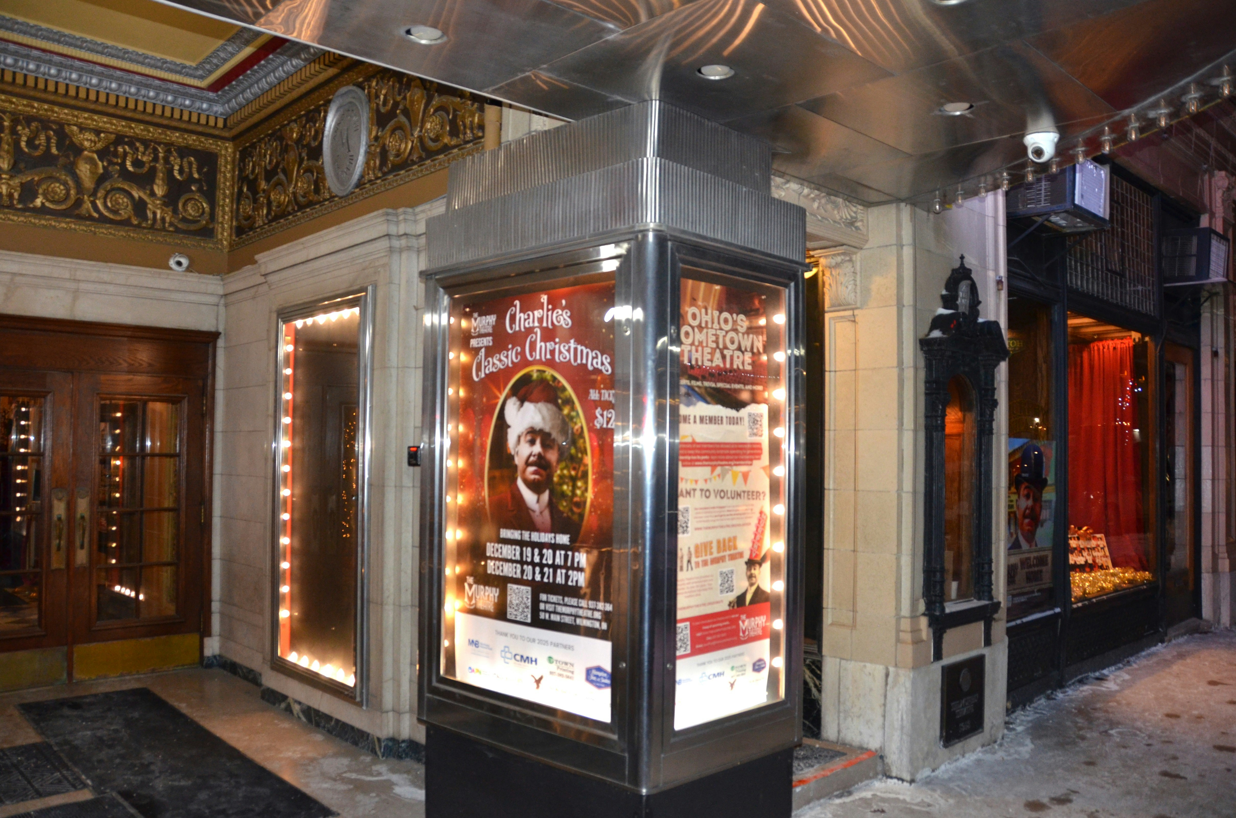 Cozy Theater Facade Adorned with Holiday Lights