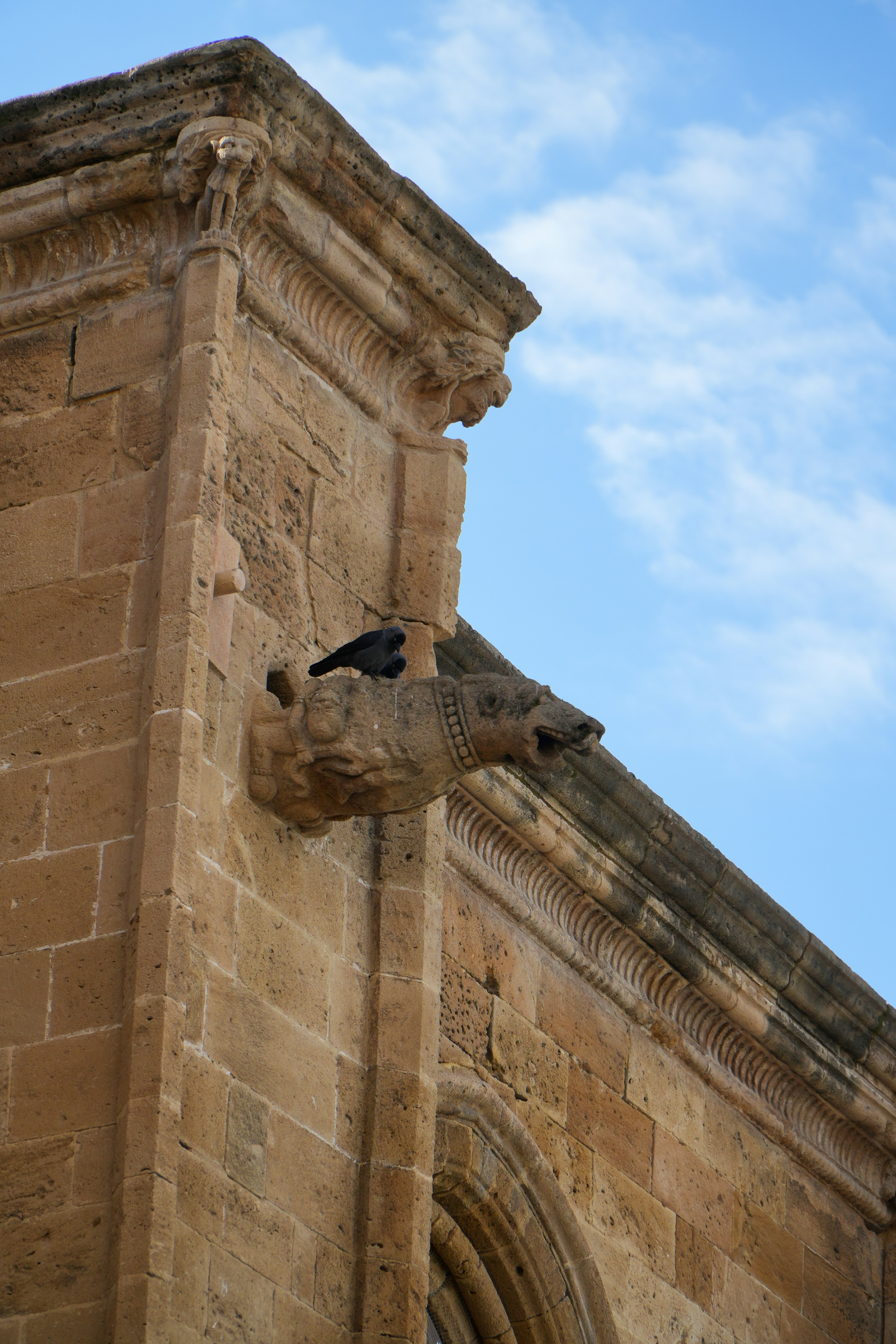 Ancient Gargoyle Gaze: Weathered Stone Carving Under a Clear Sky