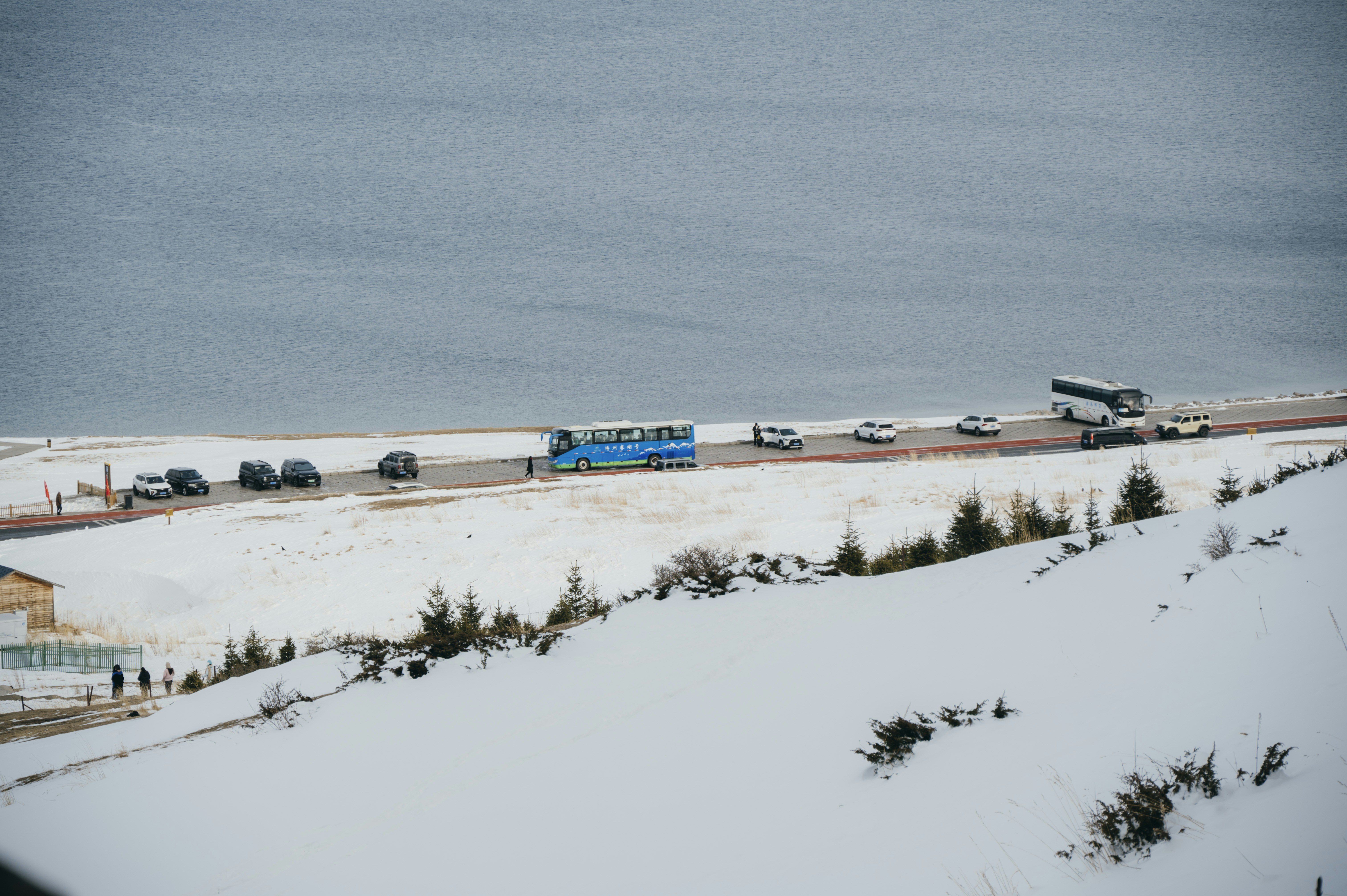 Snowbound Highway: A Snowy Coastal Run with a Line of Vehicles