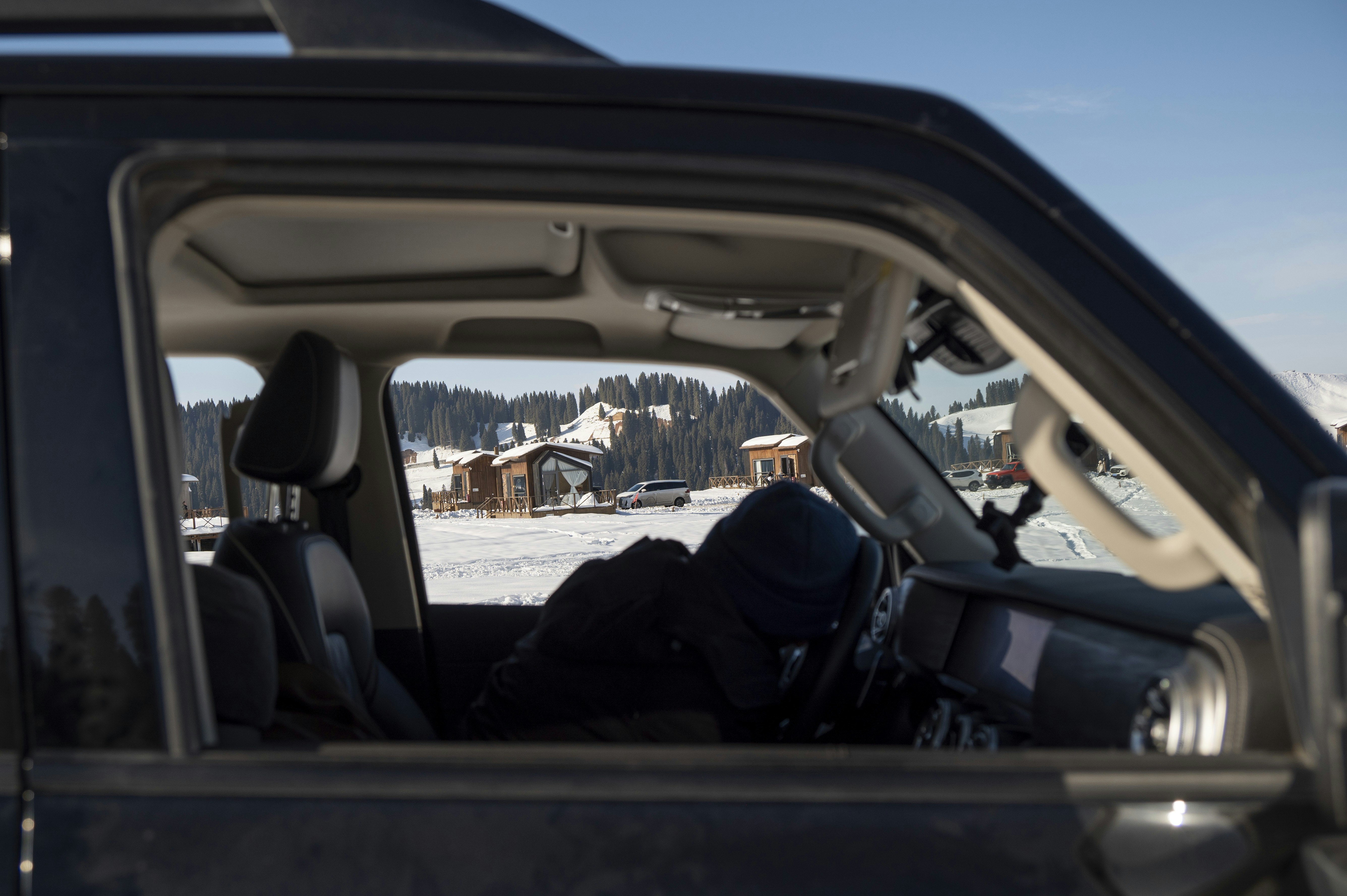 Snowy silence inside a parked SUV