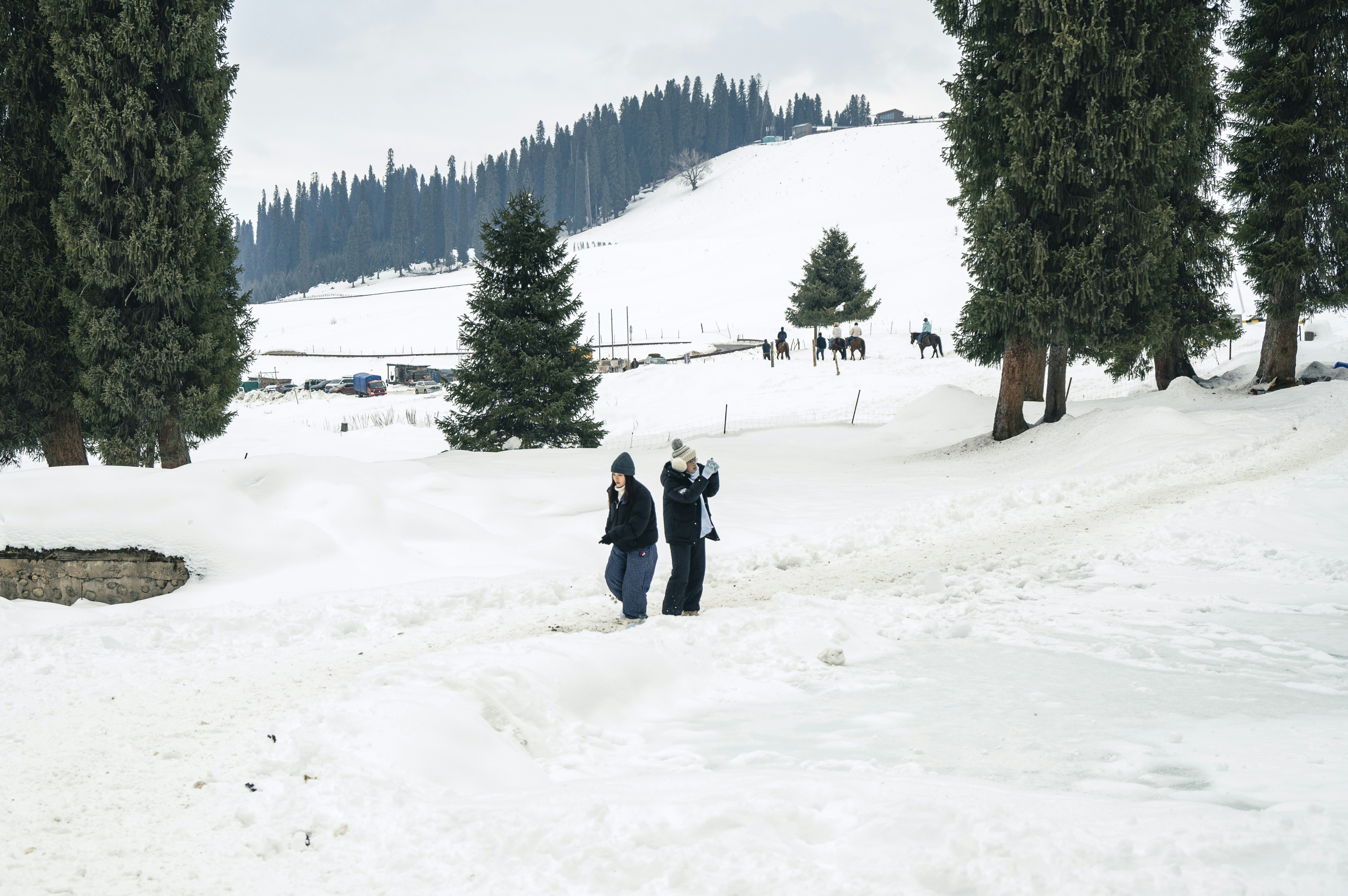 Two Wanderers Amid a Snowbound Panorama