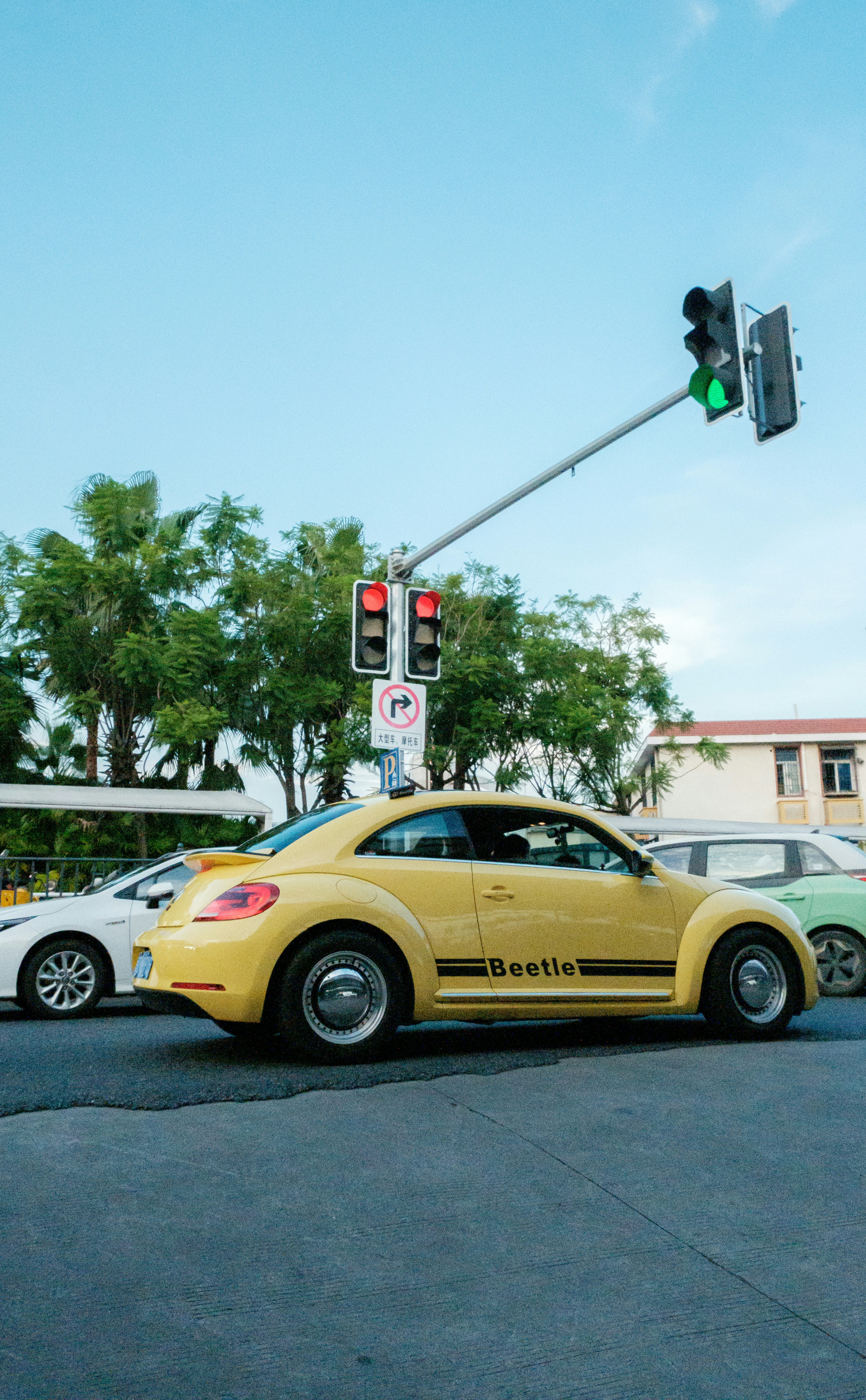 Yellow Beetle at a Red Light Under a Blue Sky