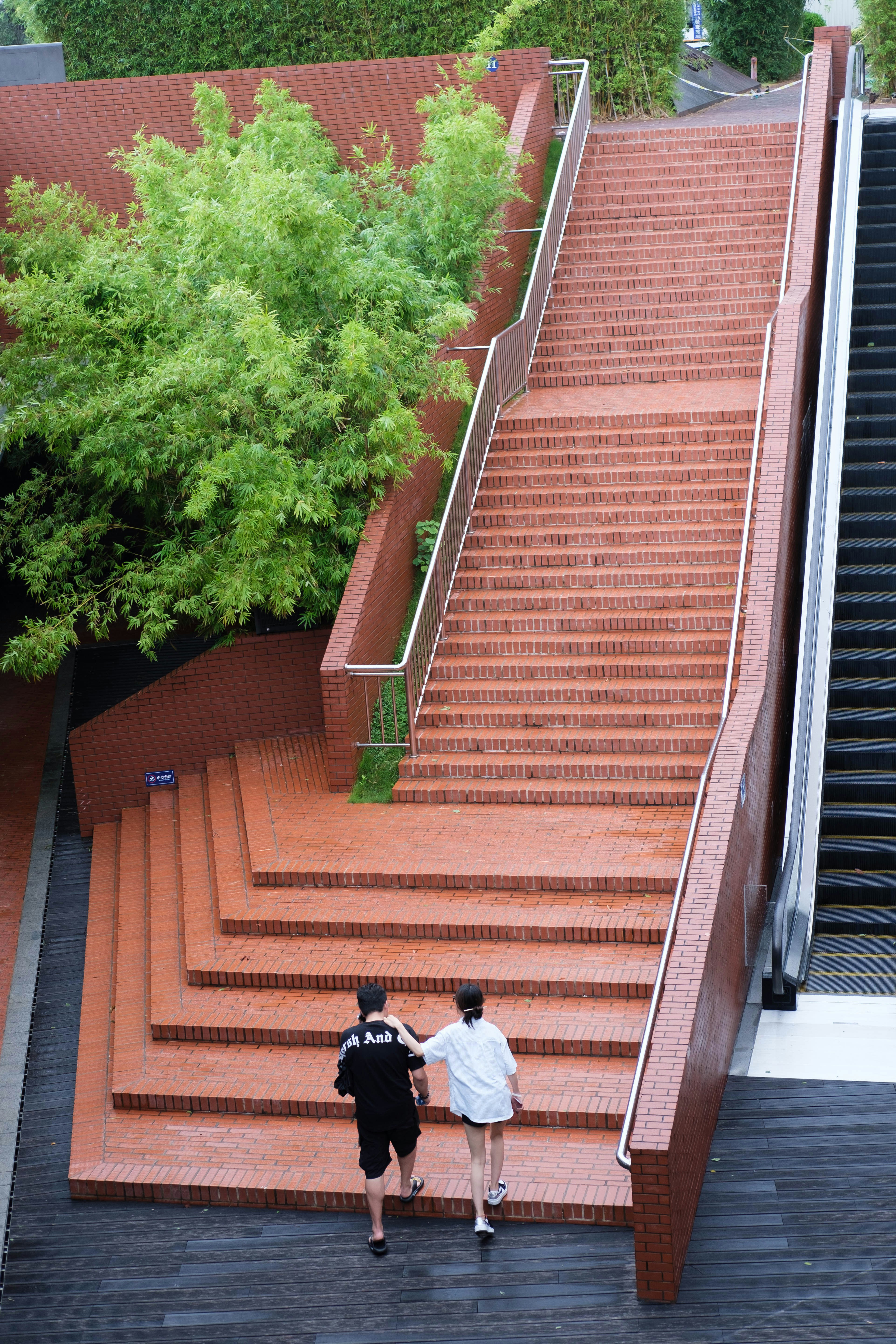 Two Friends Descend a Brick Stairway Between Urban Greenery