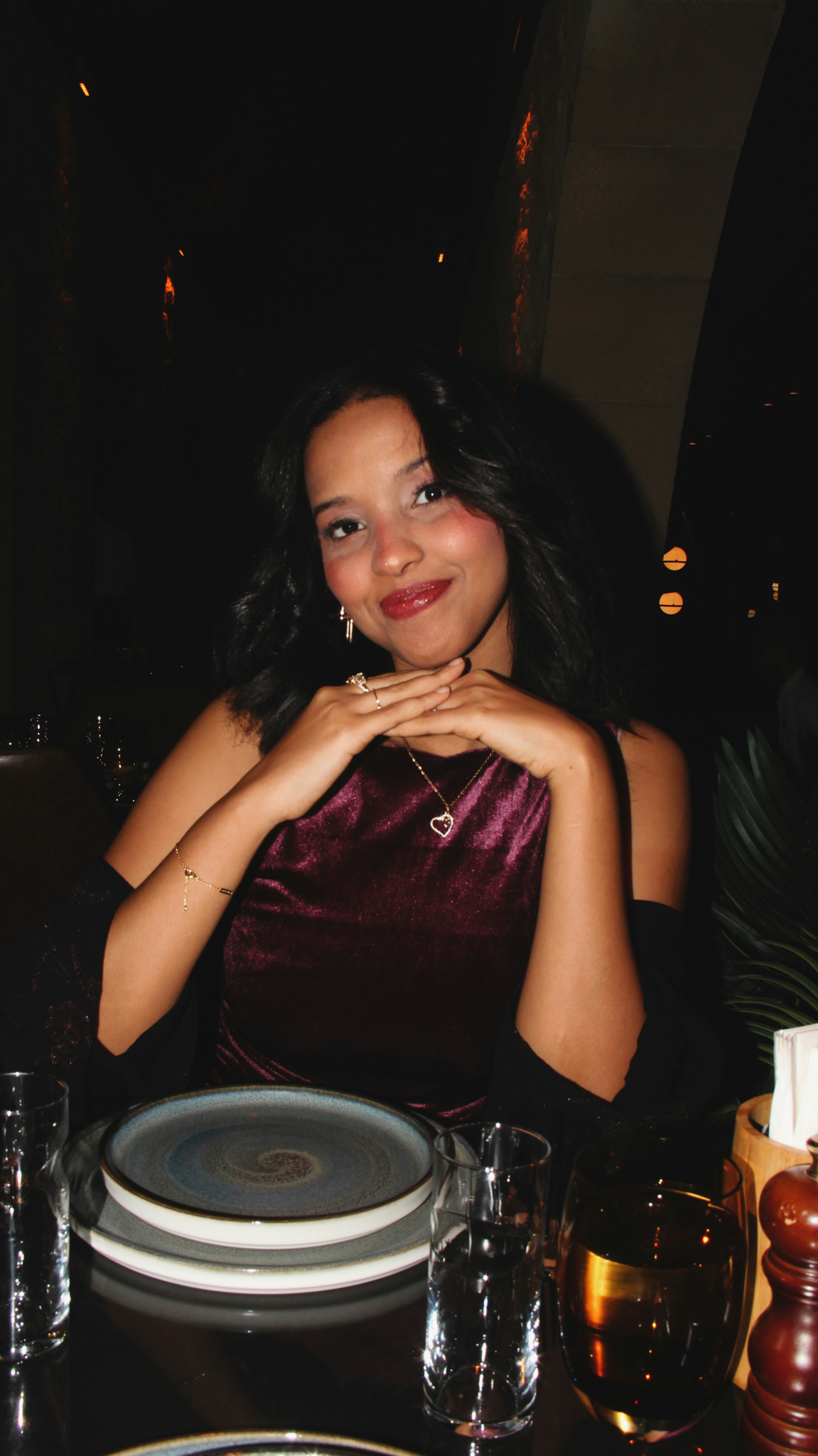 Elegant Night at the Table: Soft Smile and Velvet Glow