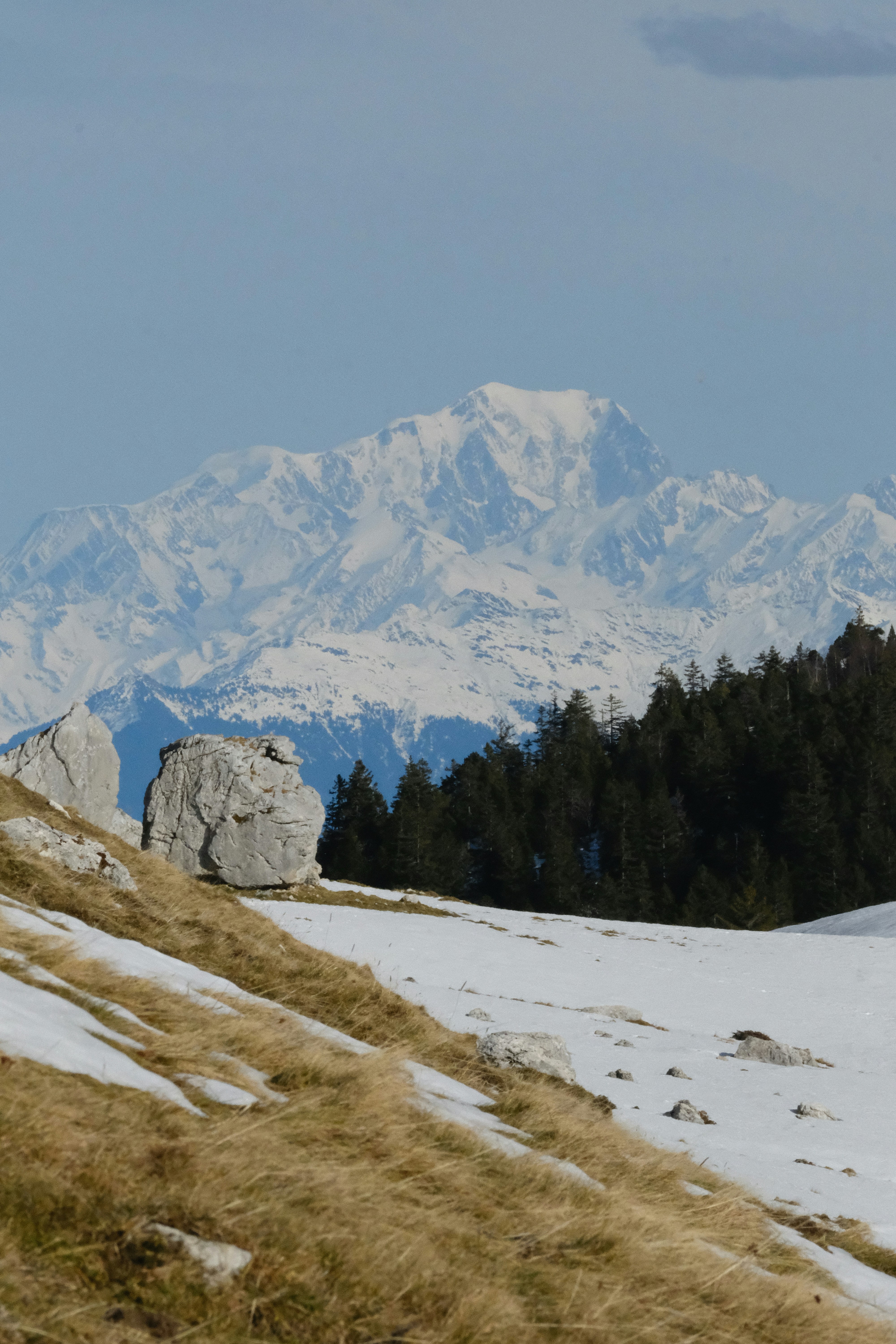 Snow-Capped Peaks Loom Over a Tranquil Alpine Slope