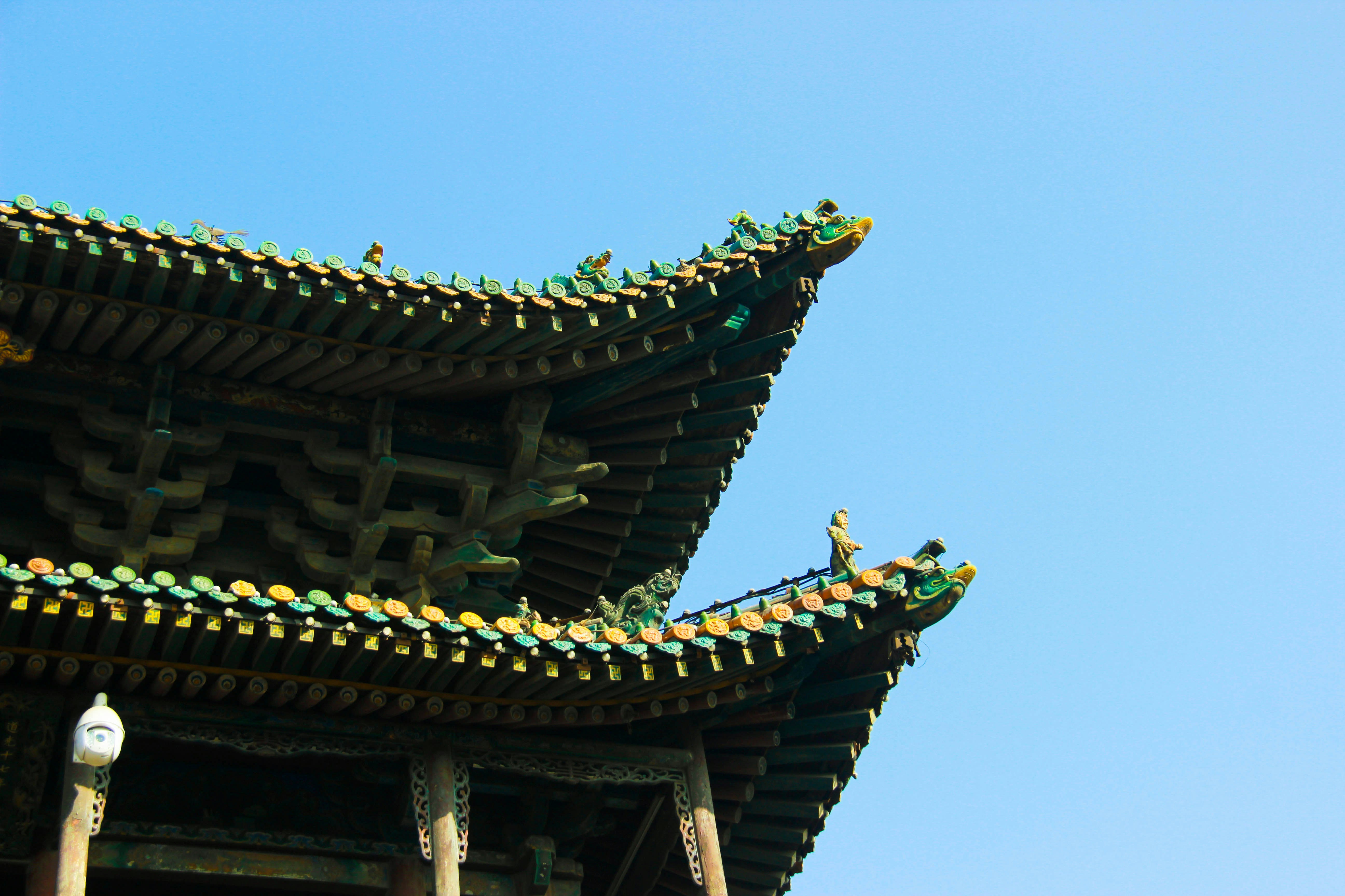 Upward Gaze at a Cloudless Chinese Roof