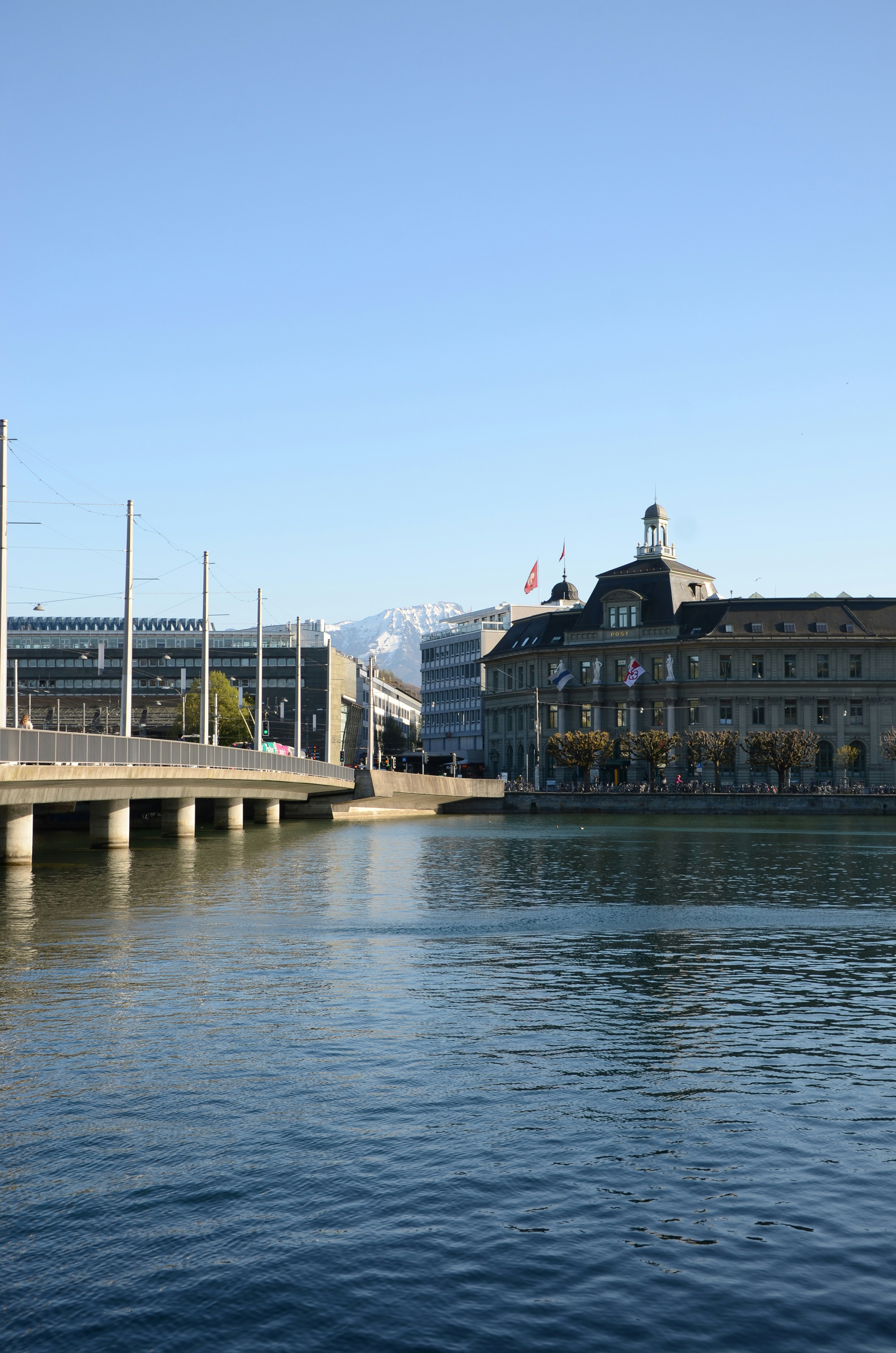 City Waterside and Clock Tower Under a Clear Sky