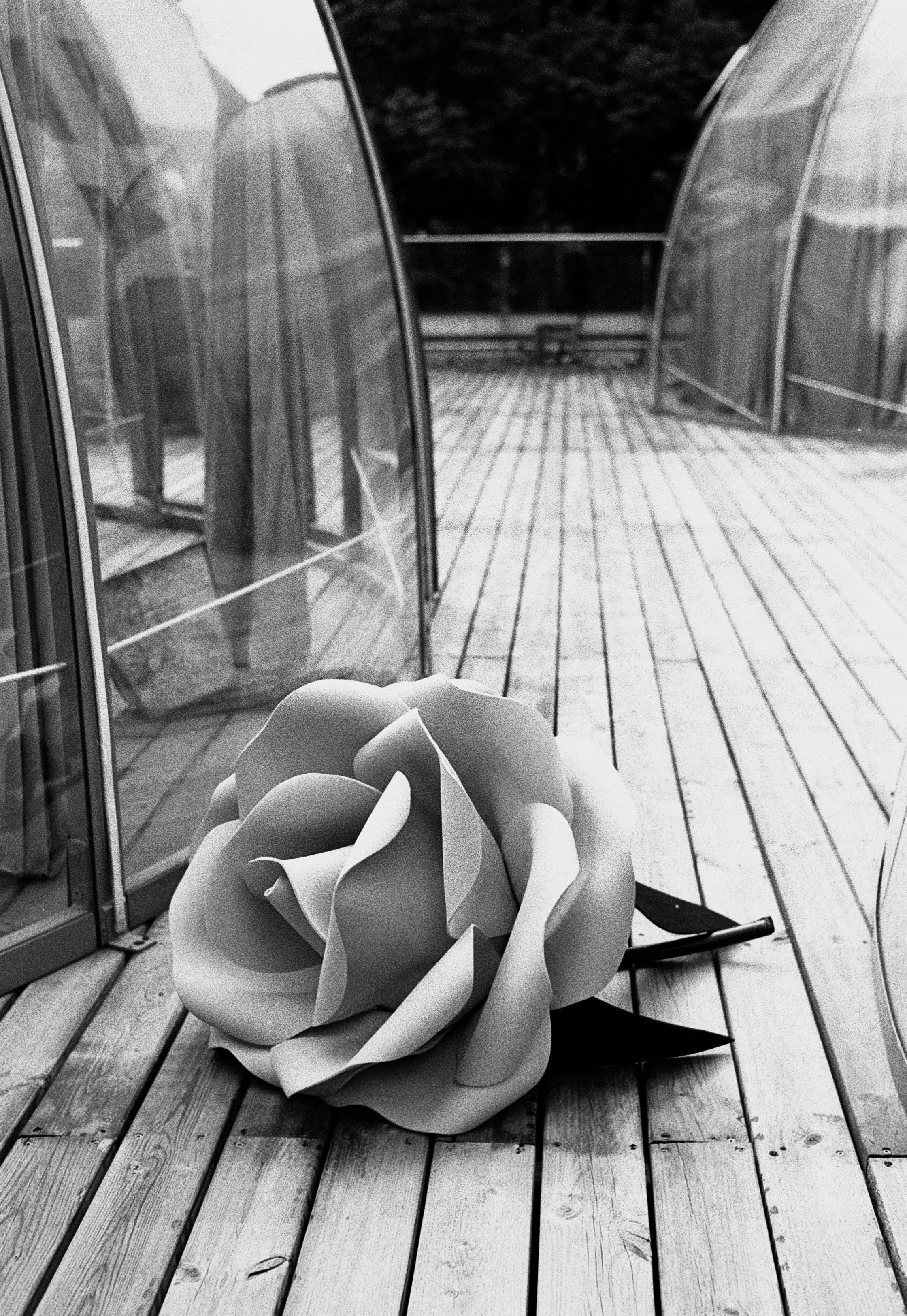 Large artificial rose lying on a wooden deck.