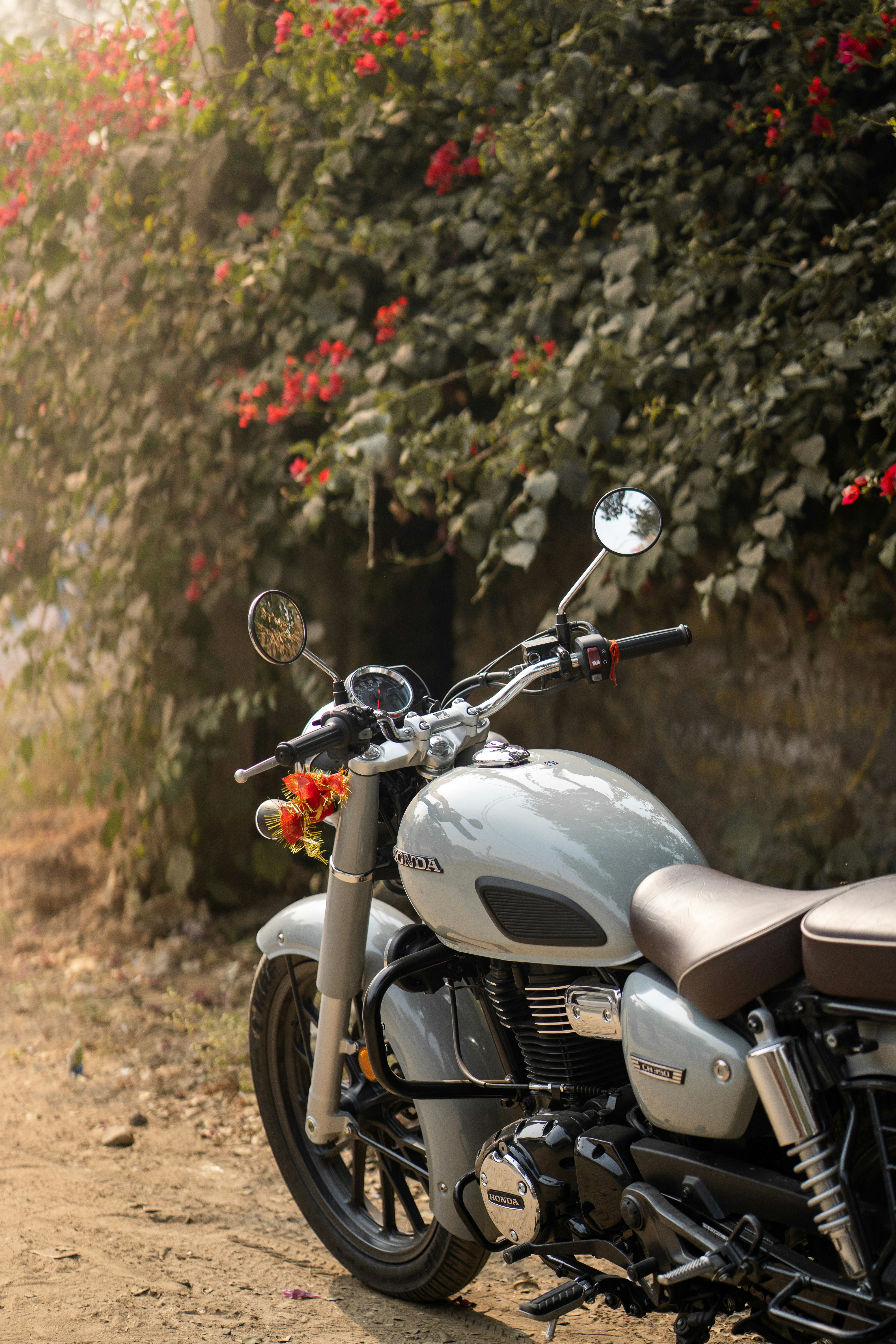 A light gray motorcycle parked near red flowers. photo – Free Travel ...