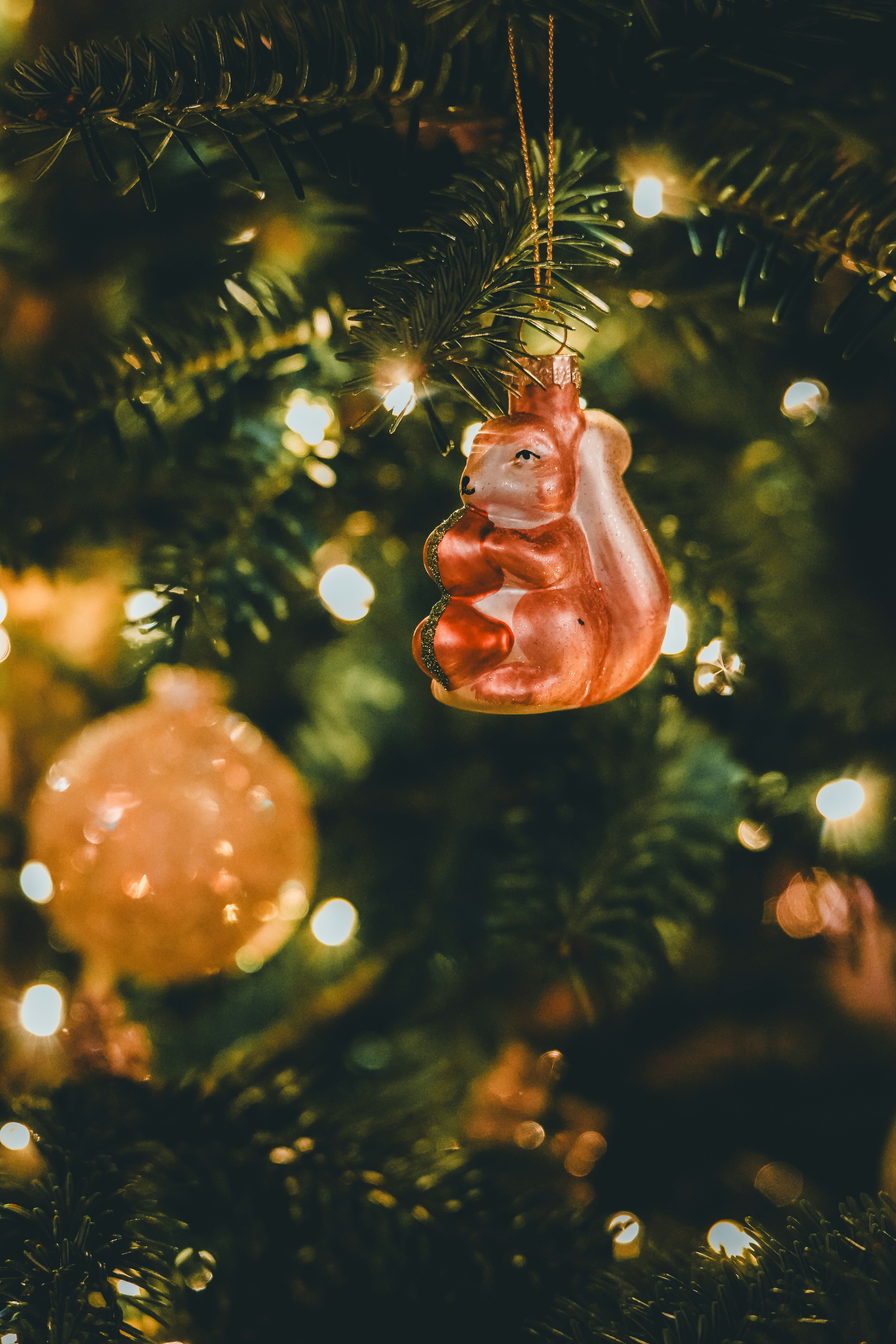Red Squirrel Ornament Adorning a Cozy Christmas Tree