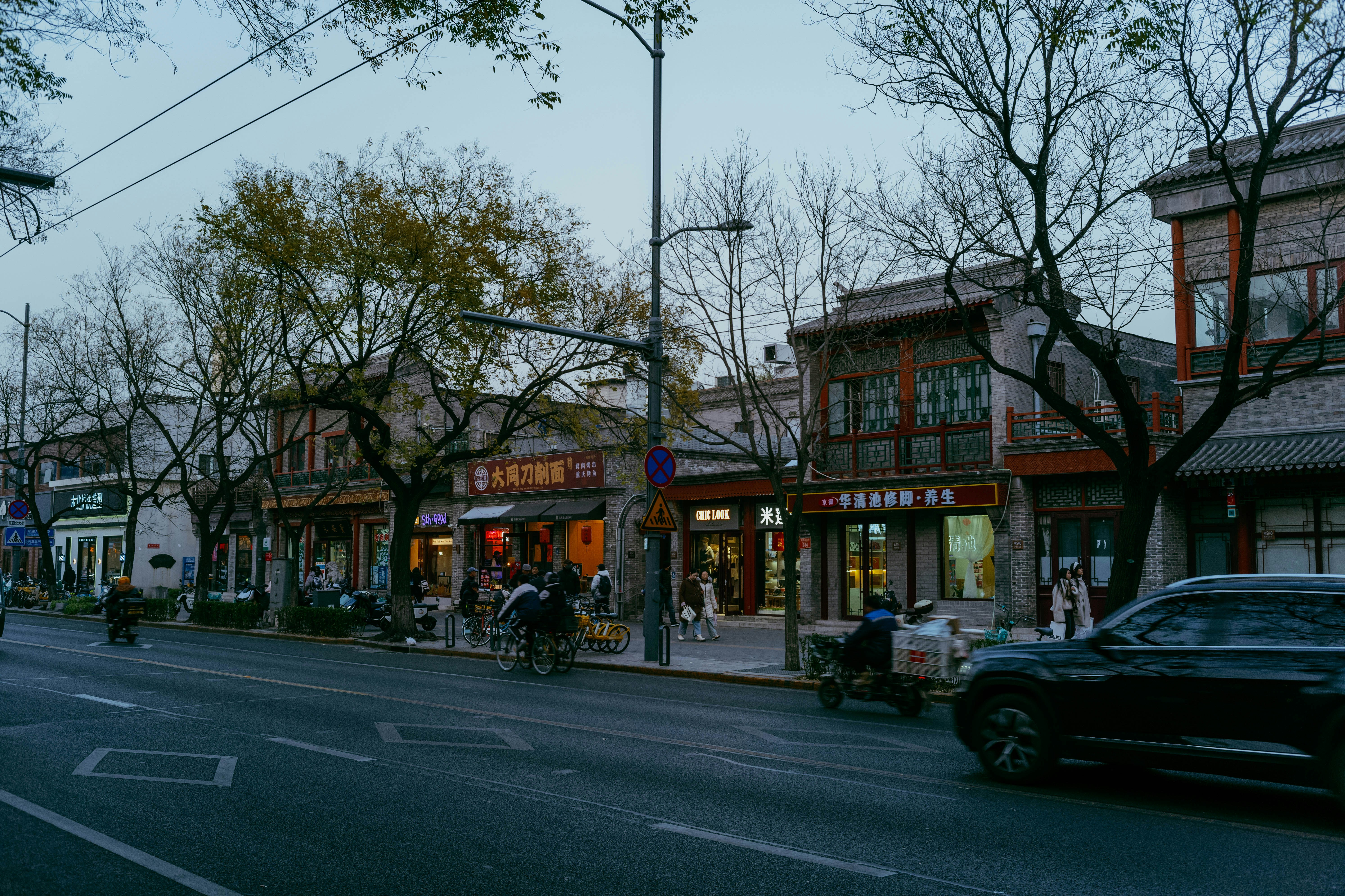 Evening Street in Blooming Trees