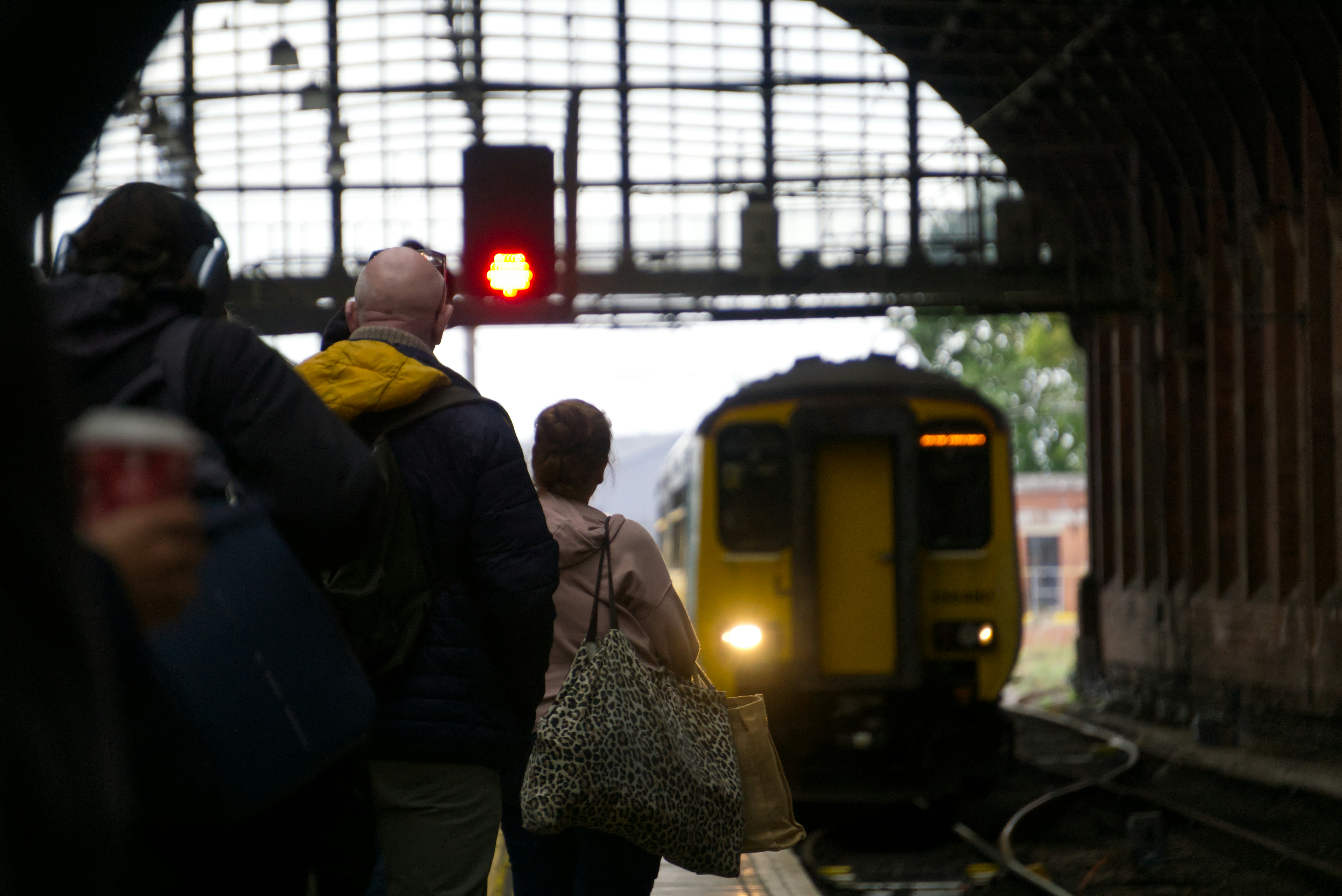 A Northern Class 156 arrives into Darlington station to take passengers north along the modern alignment of the Stockton to Darlington railway.