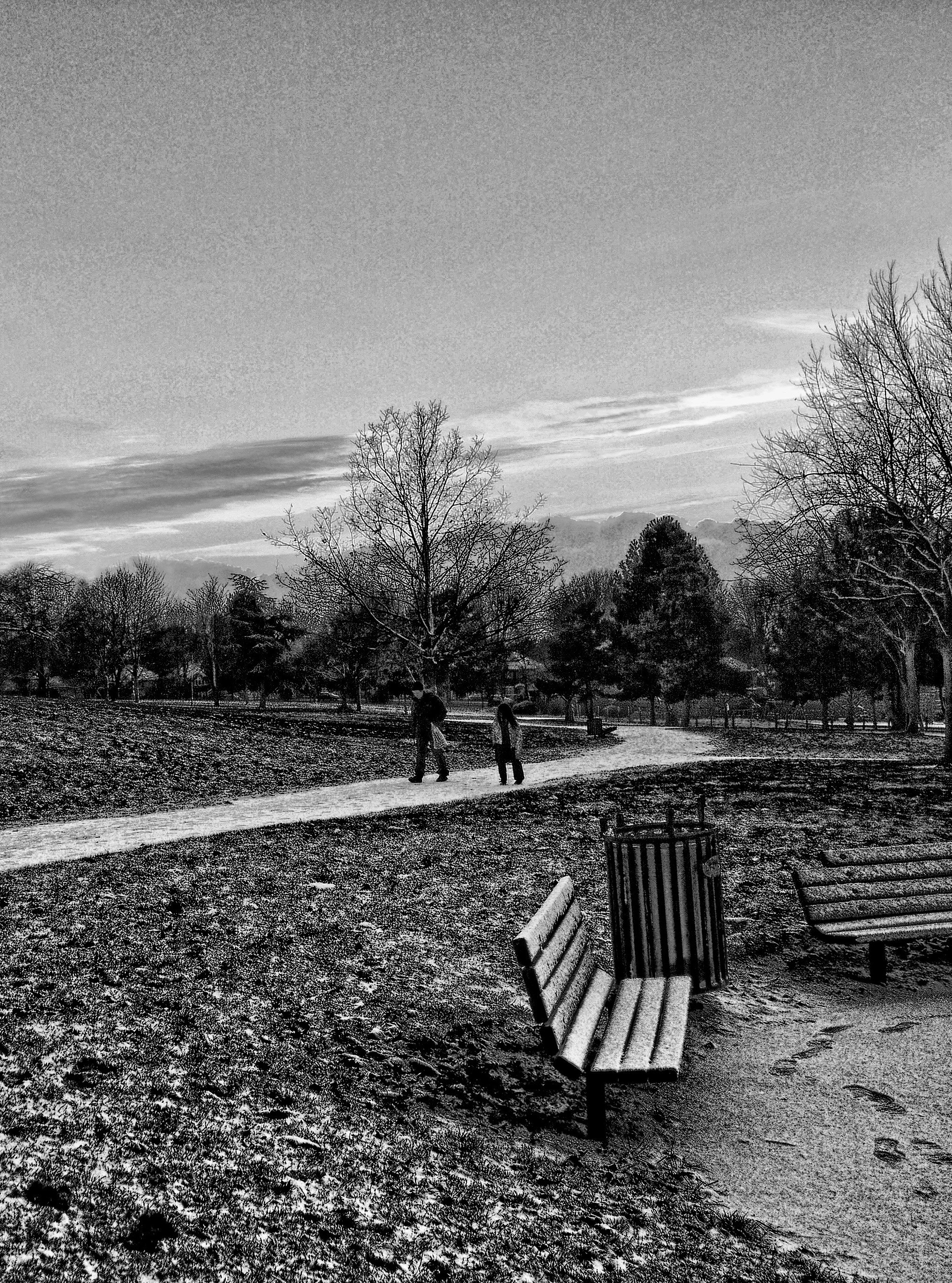 Two people walk on a park path with benches.
