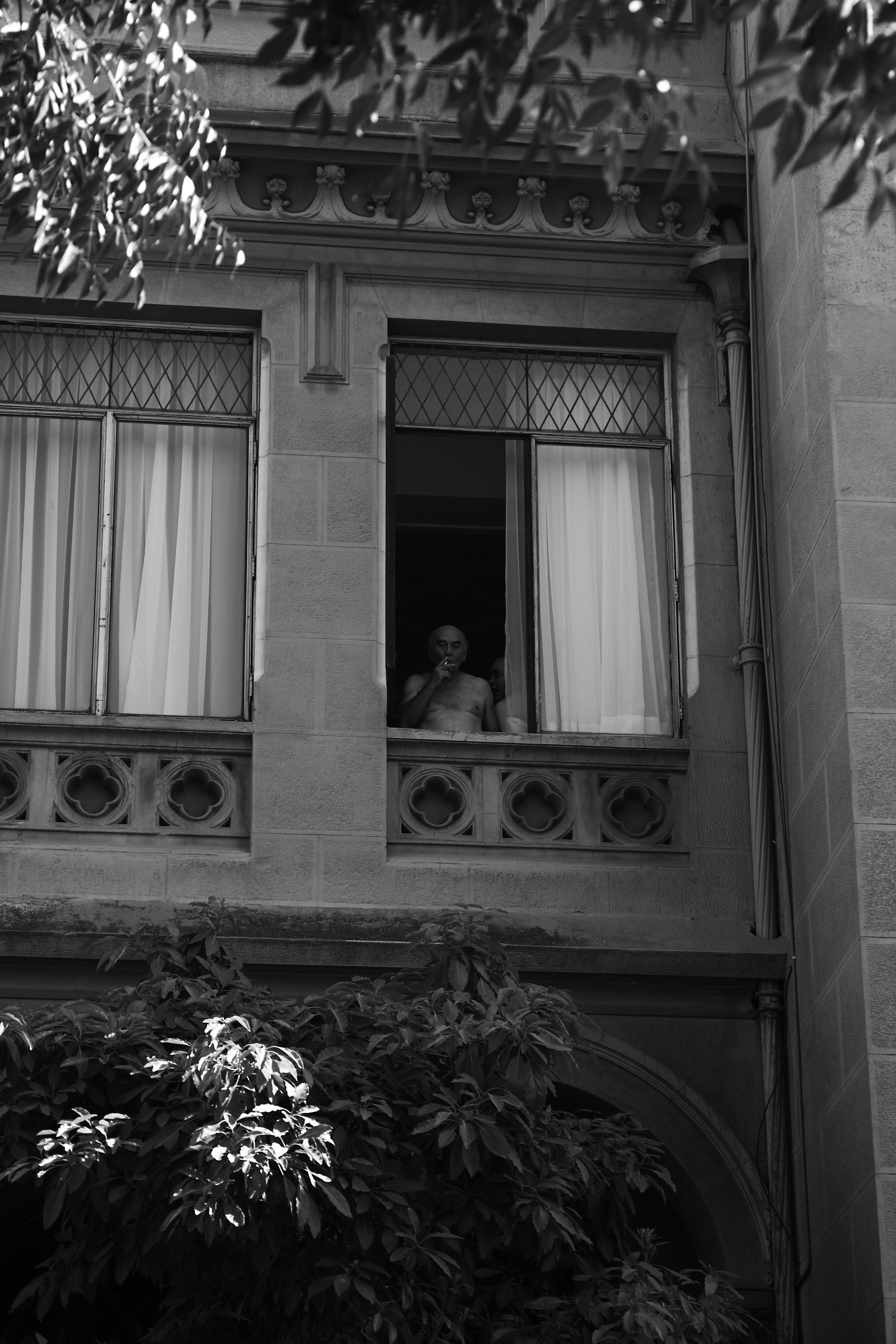 Black and white street photograph of a man standing at an open window, partially hidden by curtains and foliage below. The image captures a quiet, intimate moment framed by urban architecture and soft natural light.
