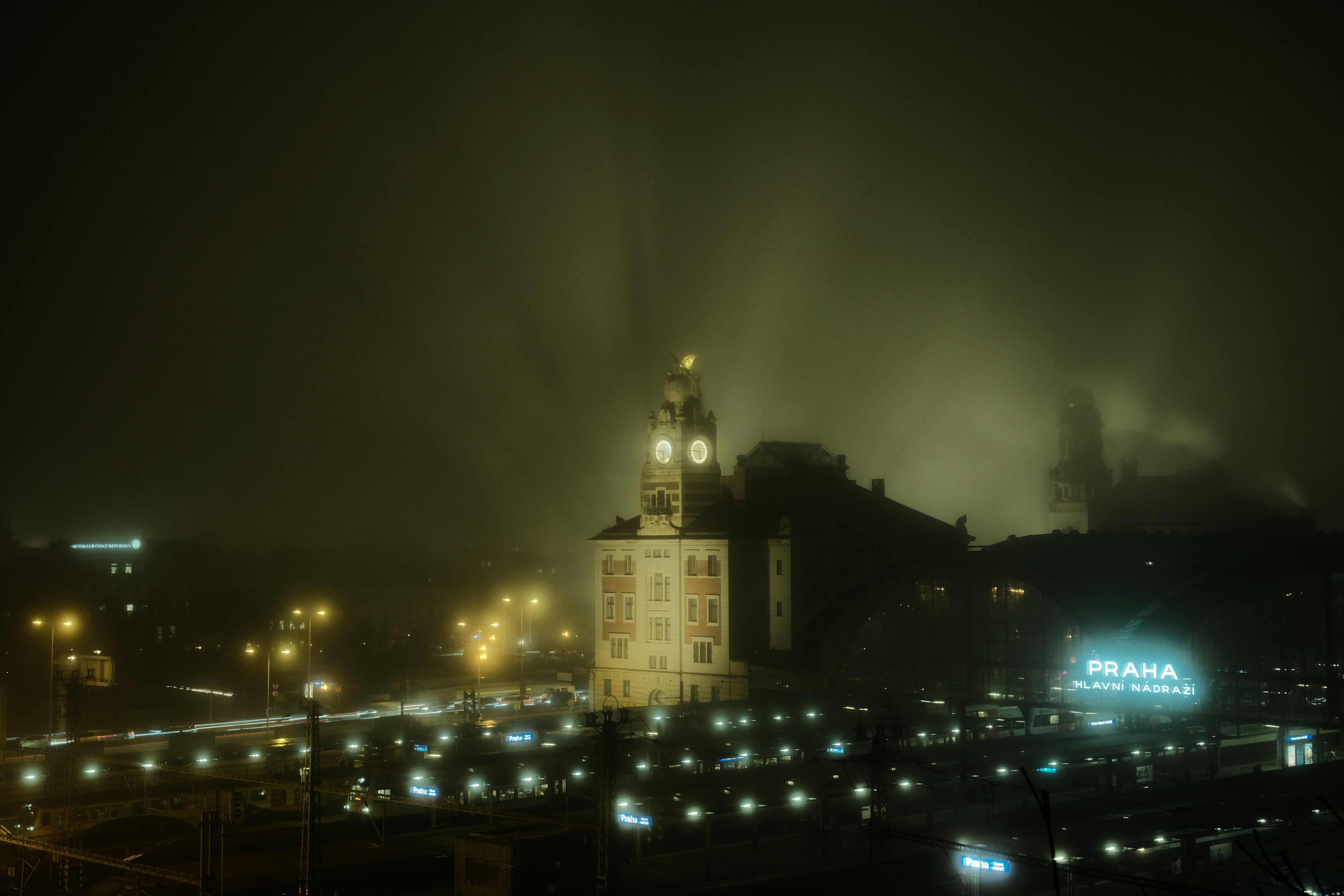 Midnight Clocktower Over Prague Harbour Lights
