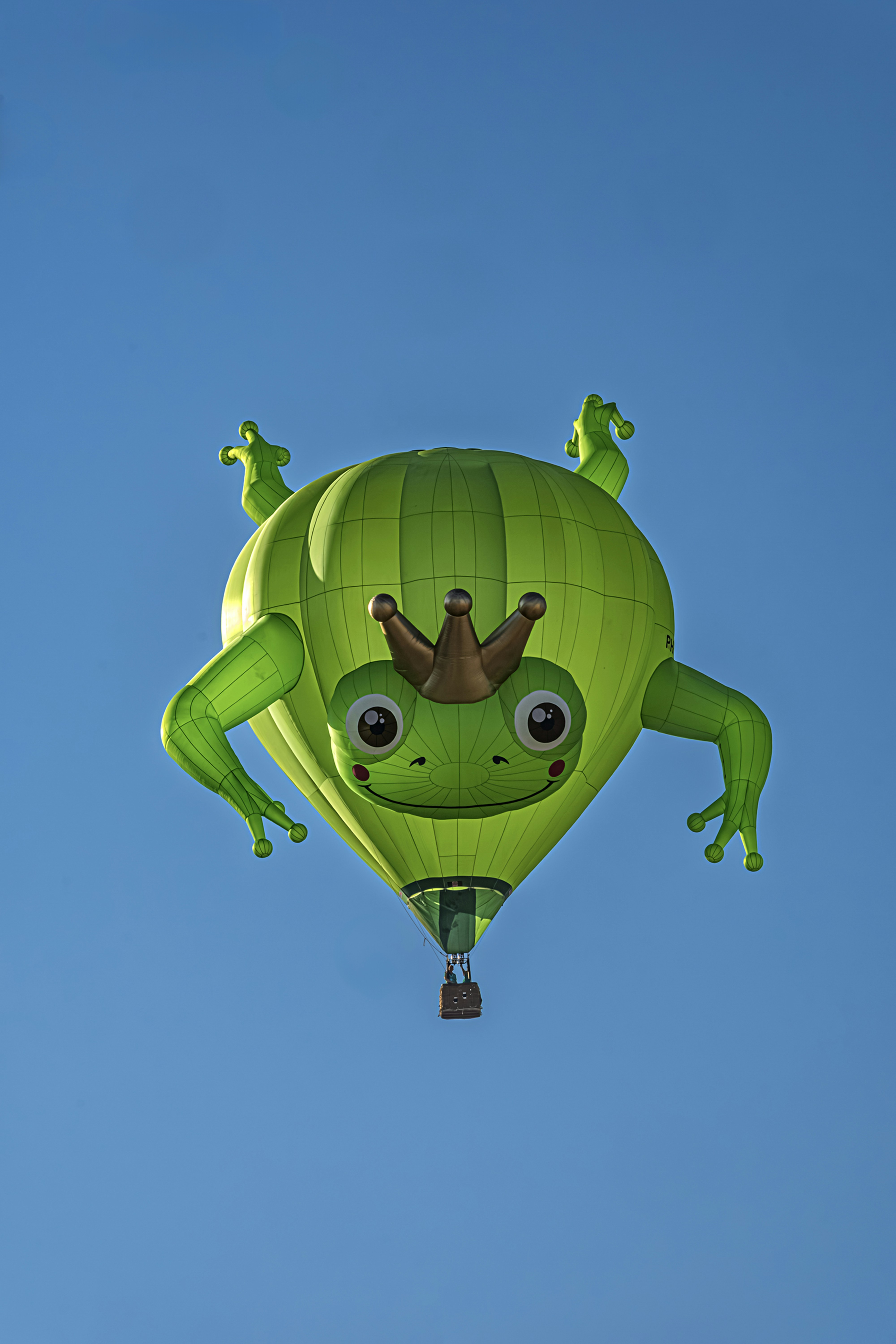 Lime-Green Balloon Frog Aloft: Crowned Cheer over a Blue Sky