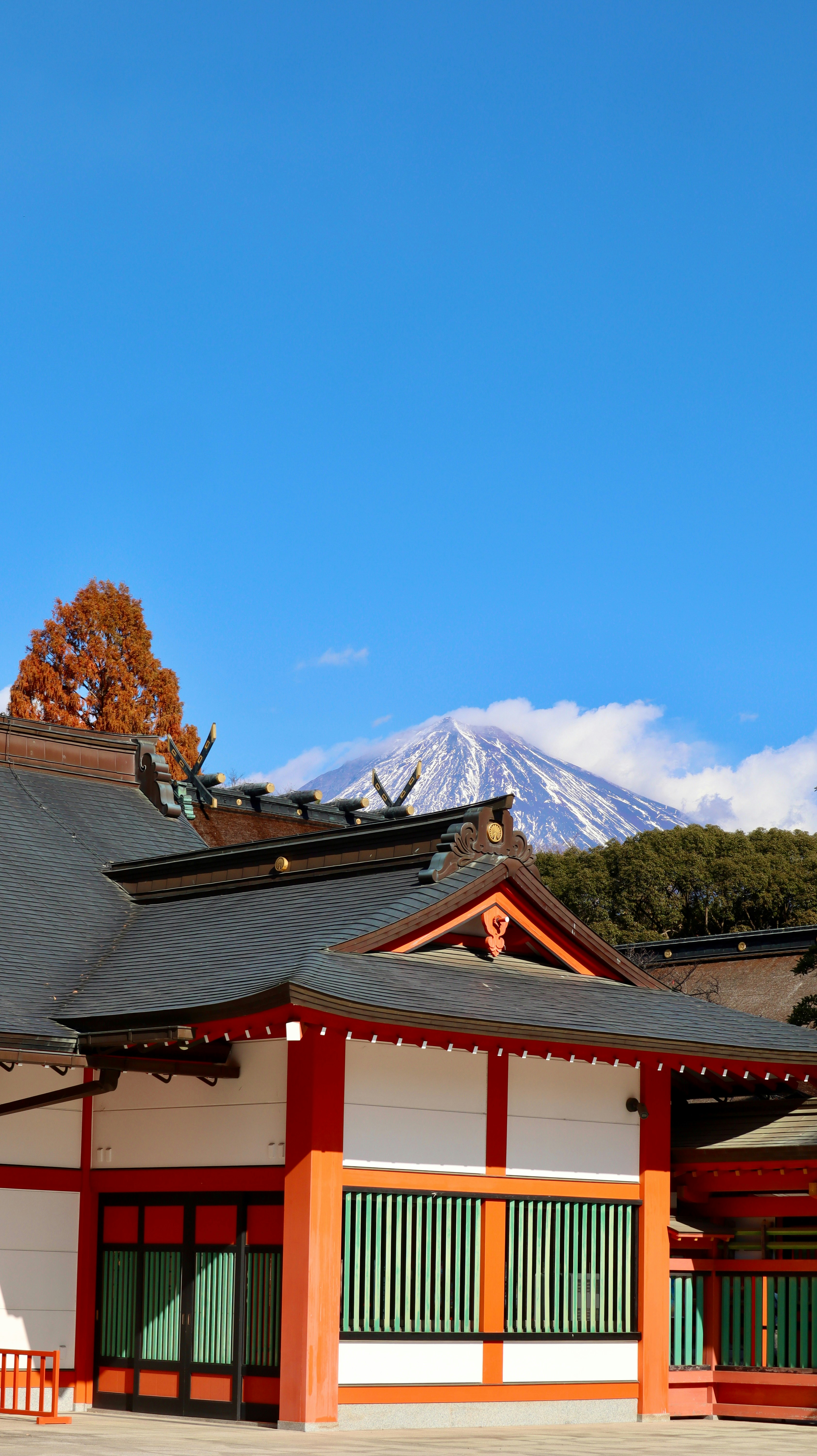 Temple Roofs, Fuji's Snow-Capped Peak, under a Clear Urban Sky