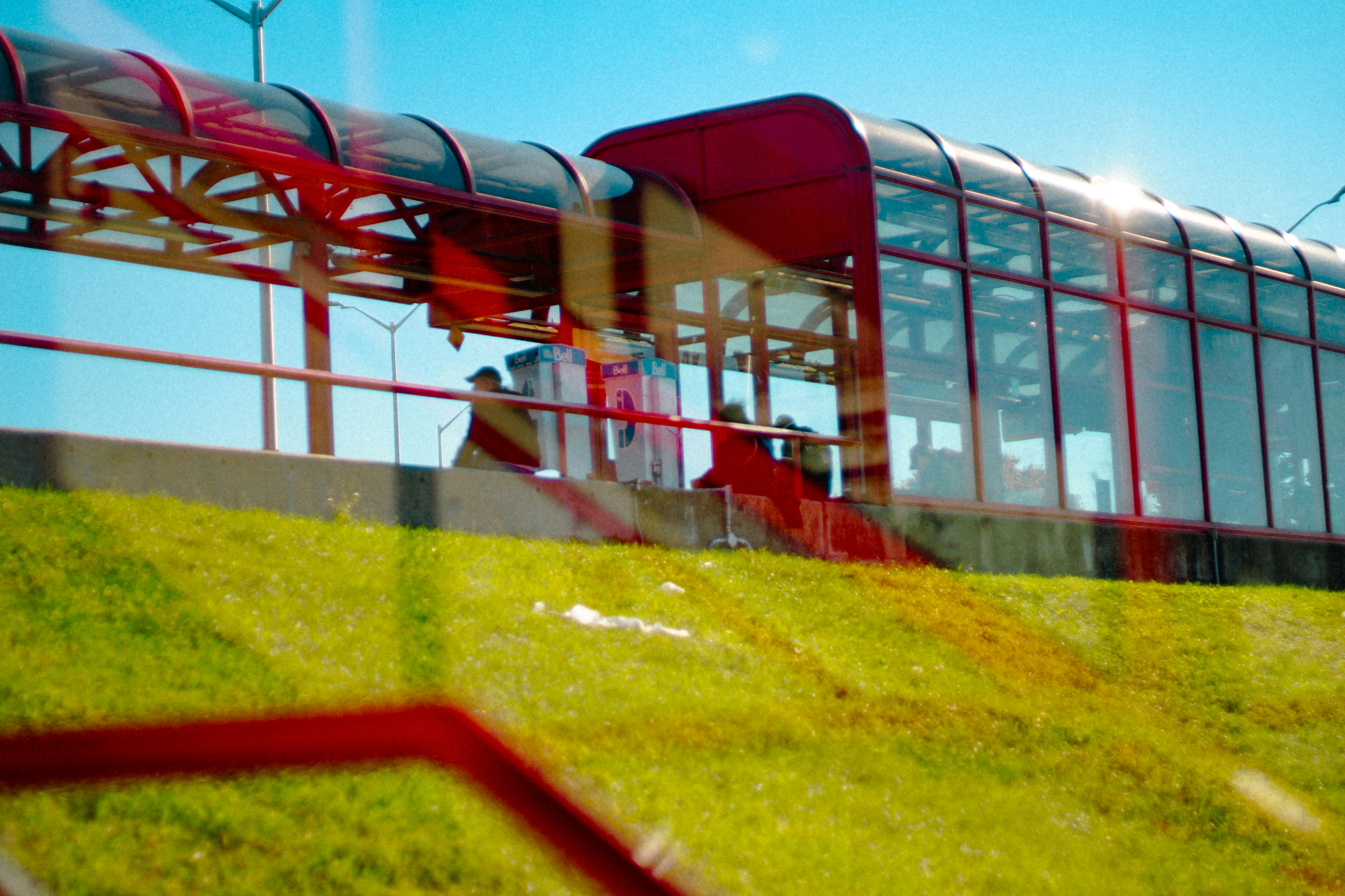 Glass-walled bus stop on a sunlit grassy slope, with figures inside