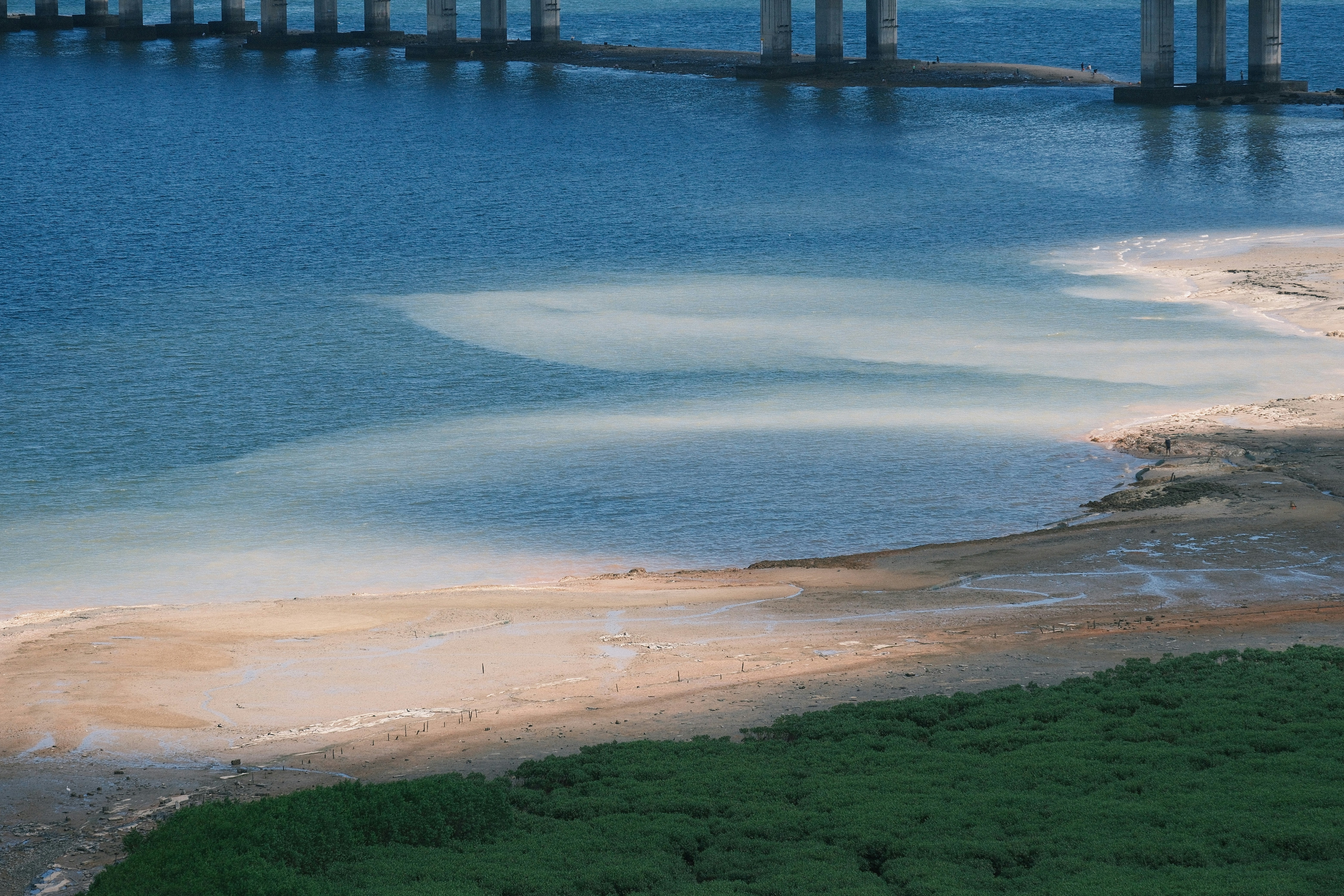 Low Tide Echoes: Shoreline Curves and Quiet Waters Under a Pier