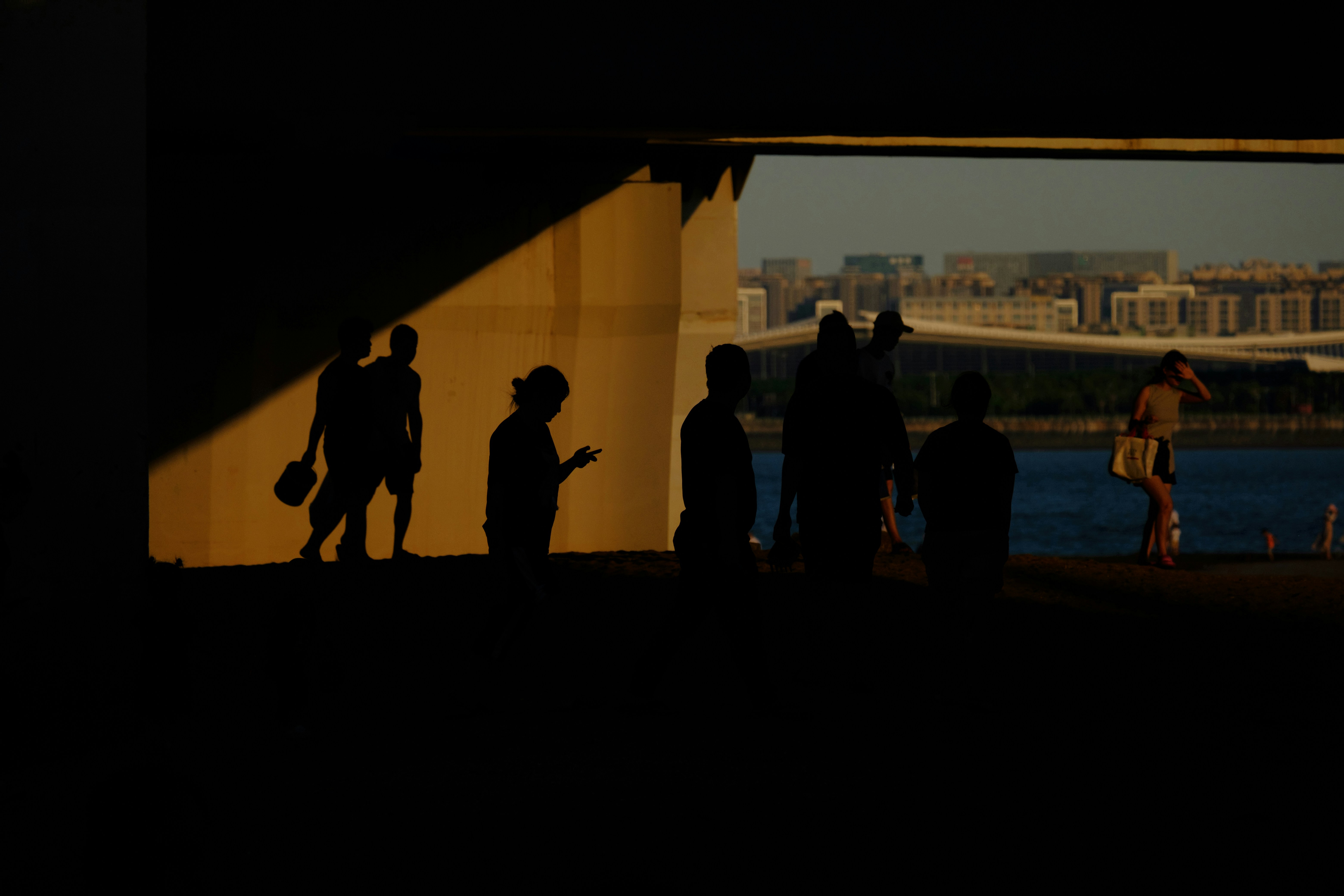 Silhouettes by the River: People in Shadow Under Bridge