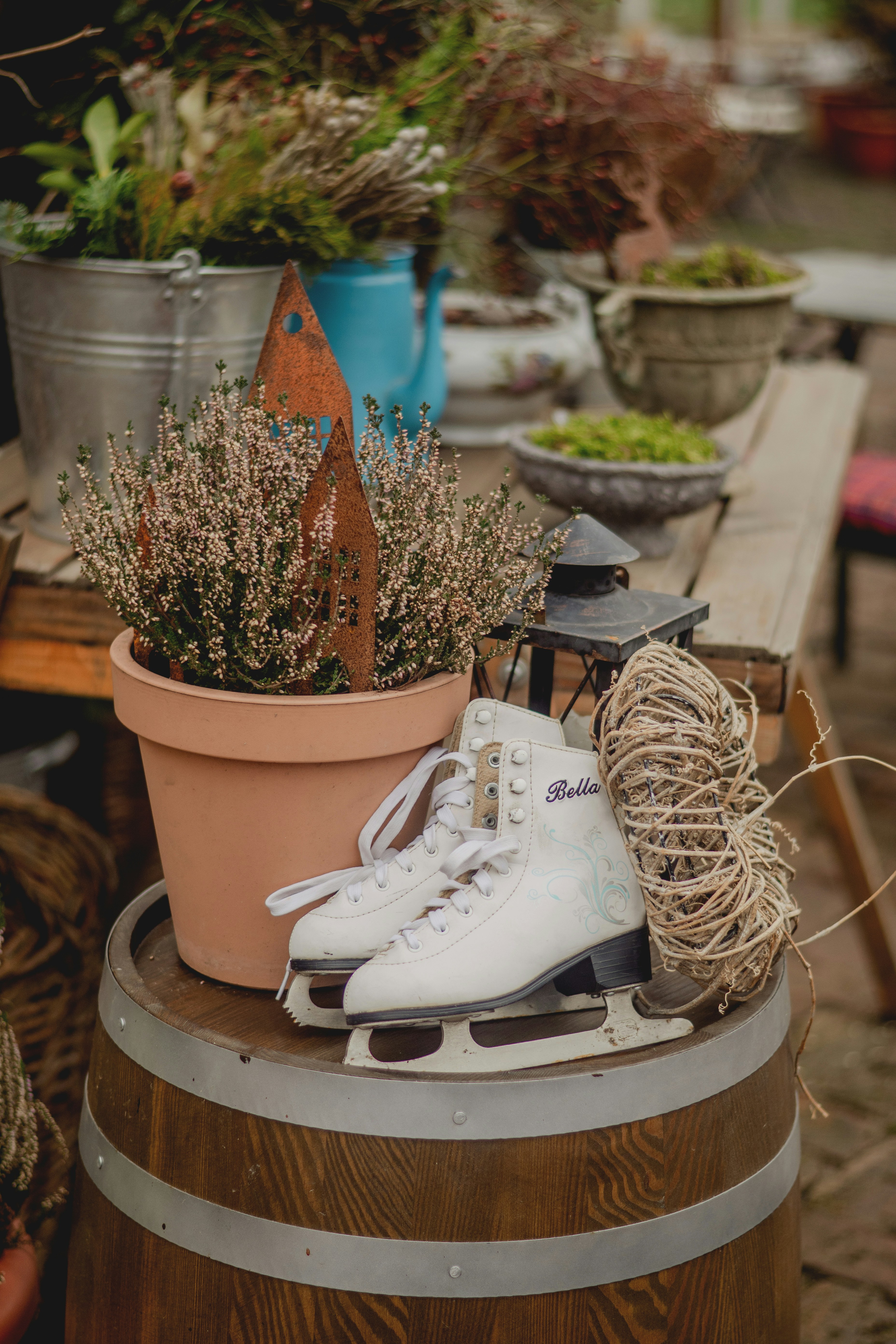 Studio-turned-garden: white skates and a potted bloom on a wine barrel