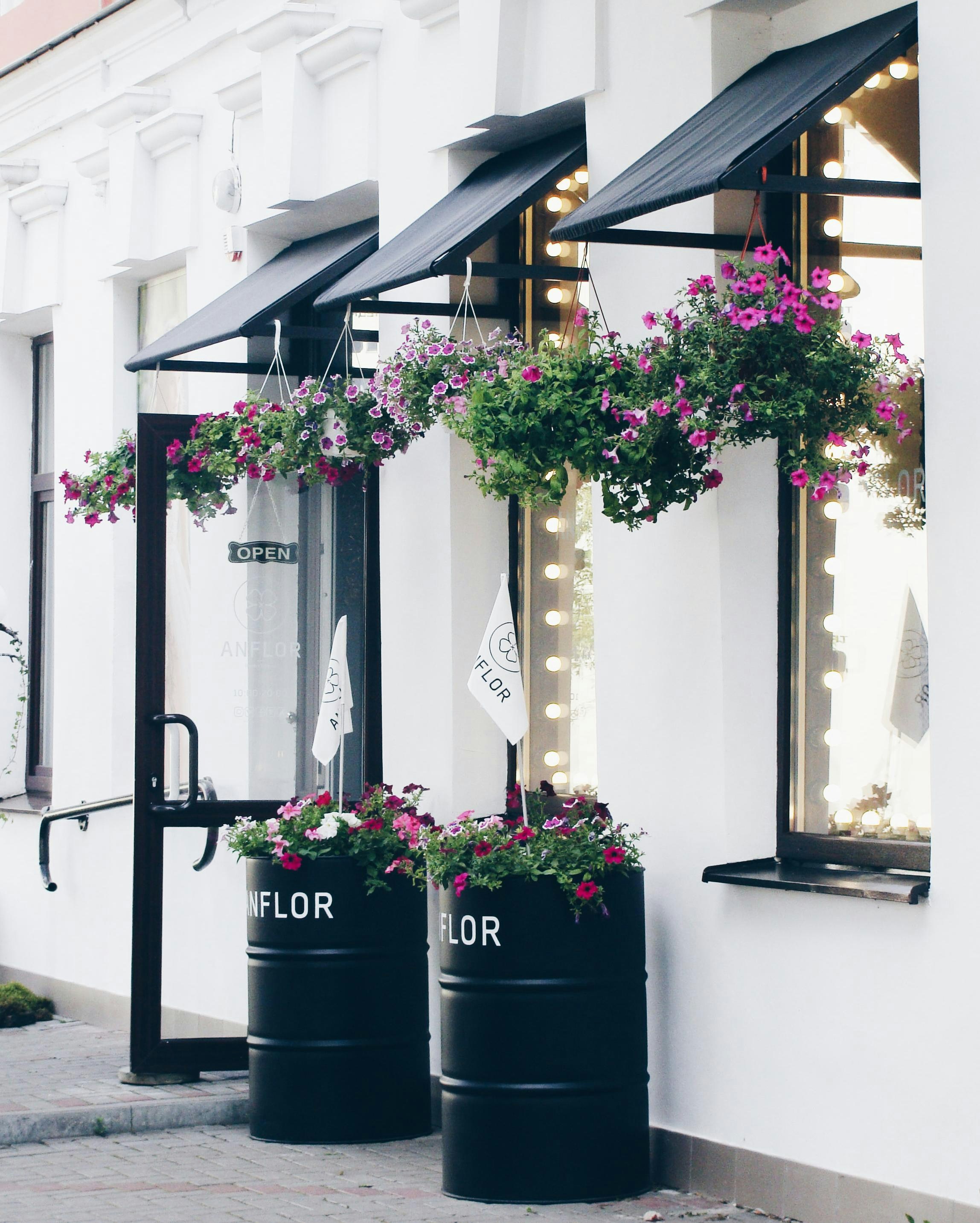 Flowered barrels greet passersby along a sunlit storefront