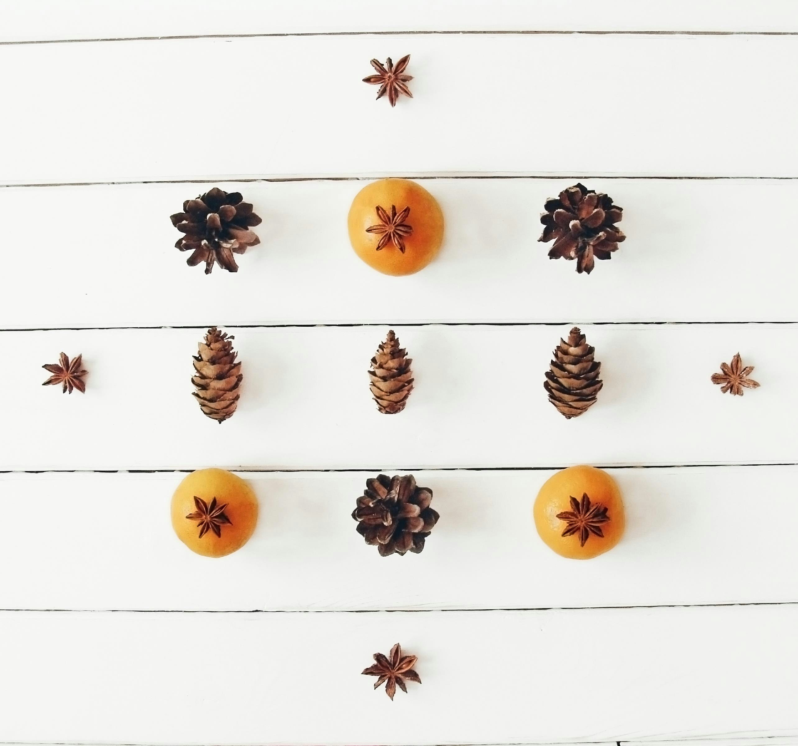 Symmetrical Autumn Orbs: Persimmon Ornaments and Pinecones on White Planks