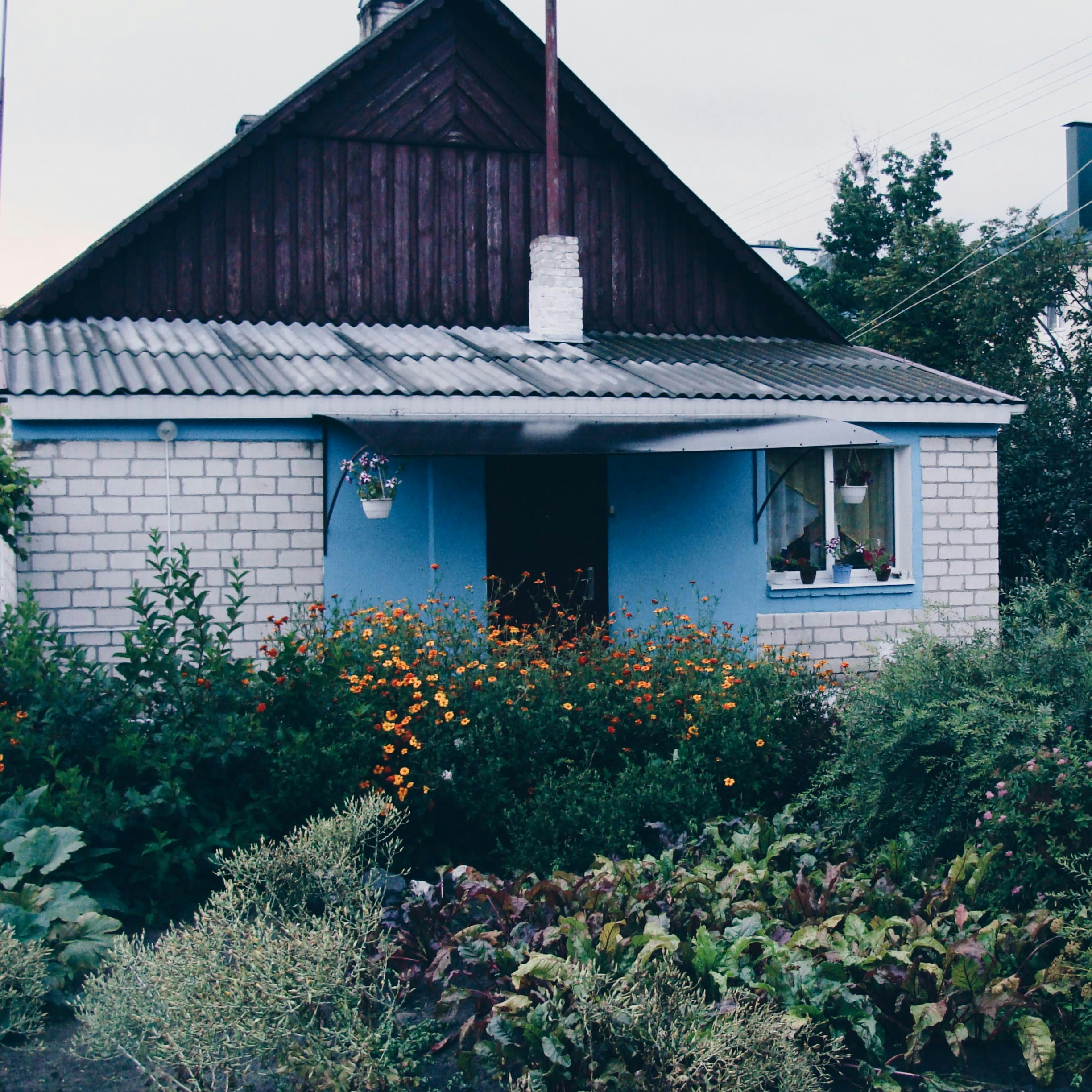 Cozy Blue Brick Cottage in Lush Garden Bloom