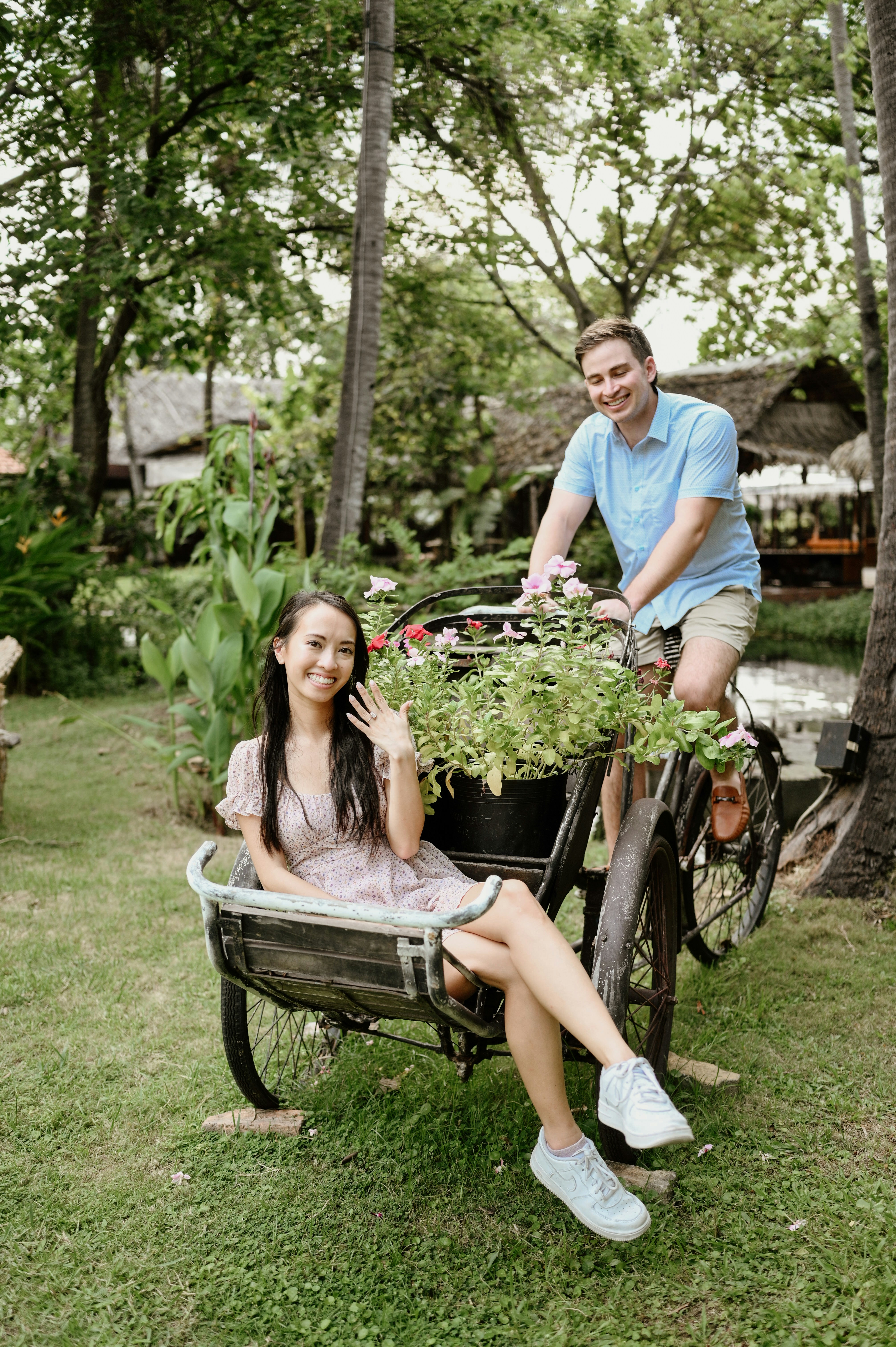 Lawn chair romance: a playful ride through a sunlit garden