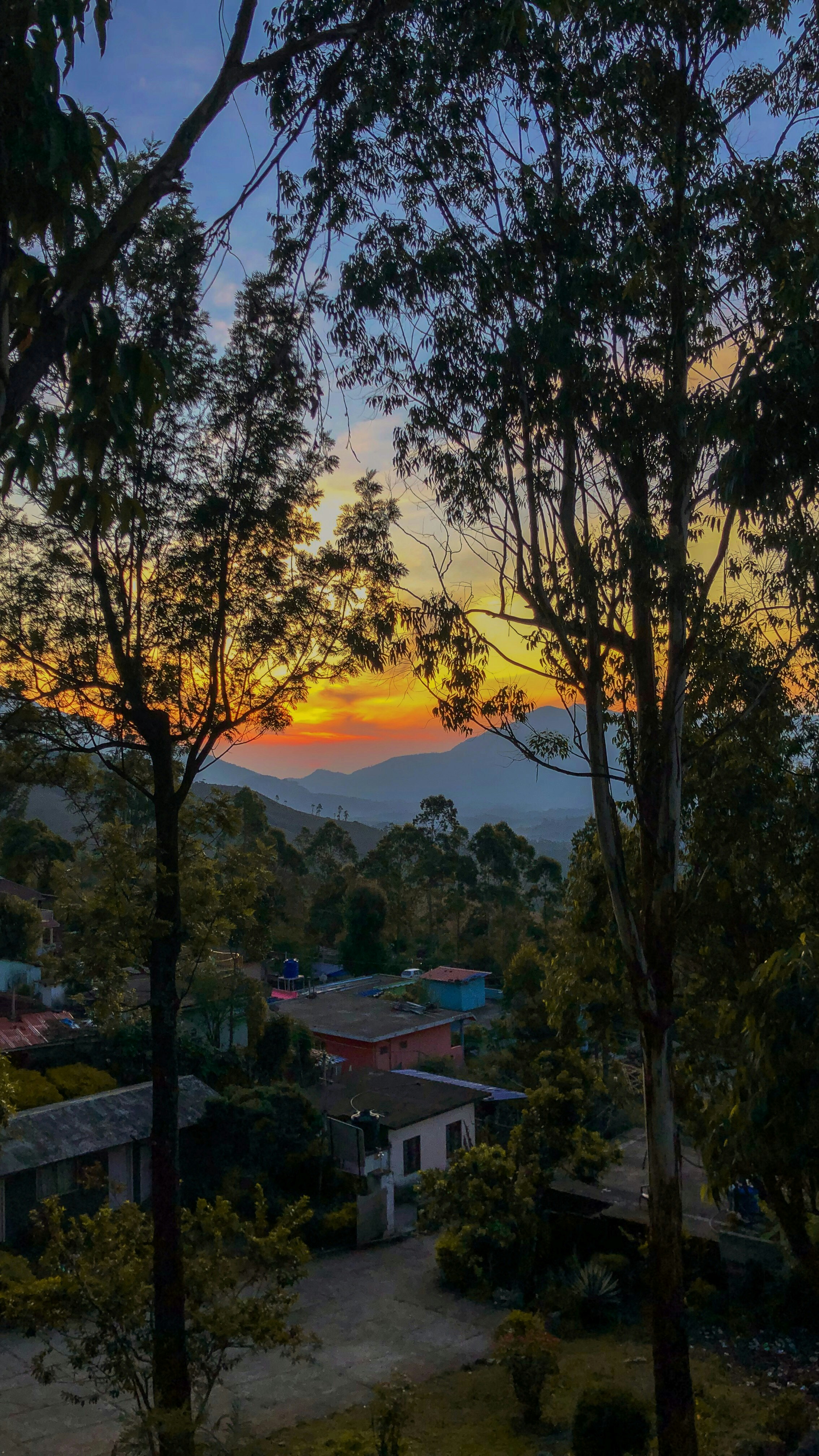 Sunset Over Quiet Ridge: A Village Between Moonlit Trees