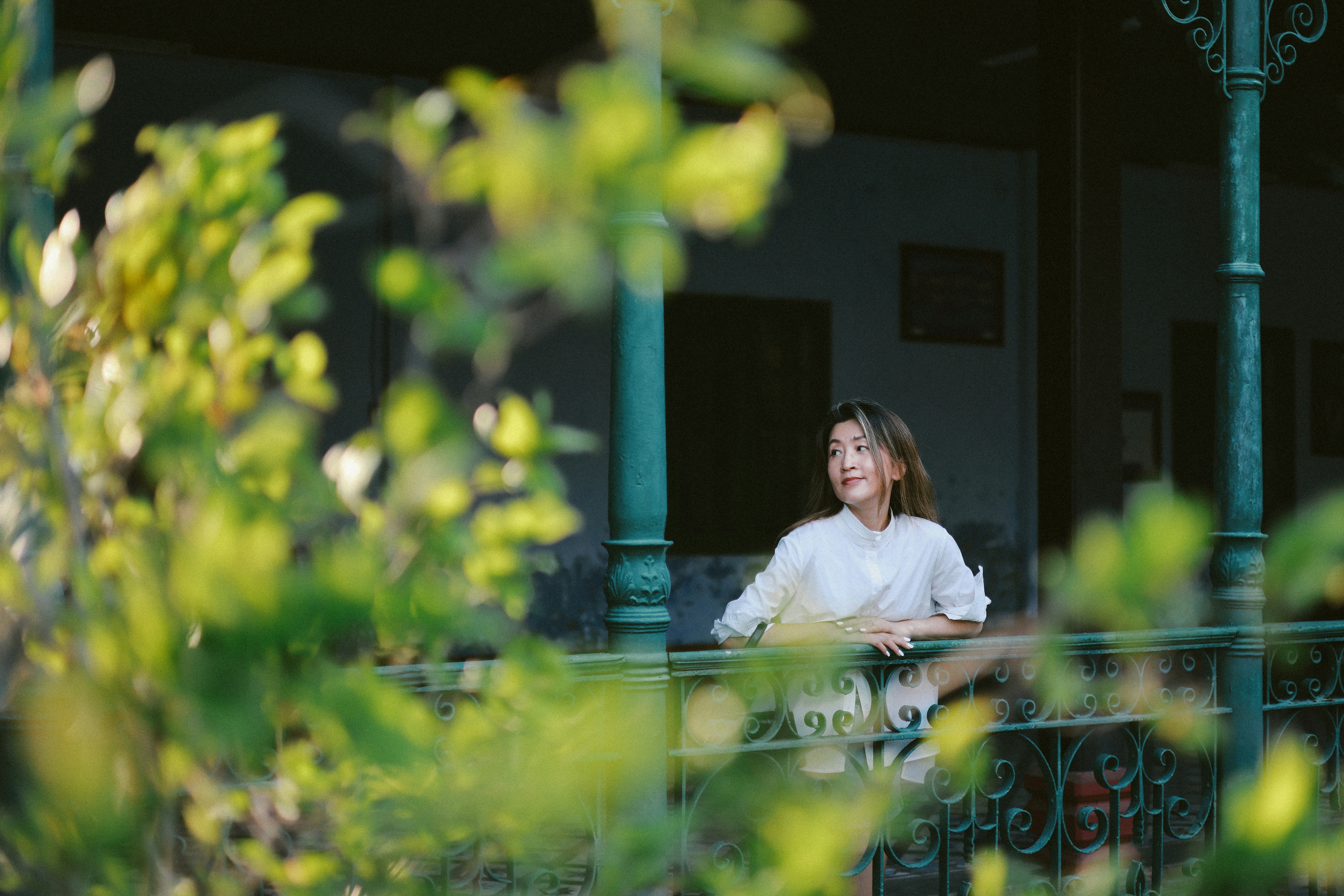 Quiet Balcony Gaze: A Moment on the Ornate Veranda