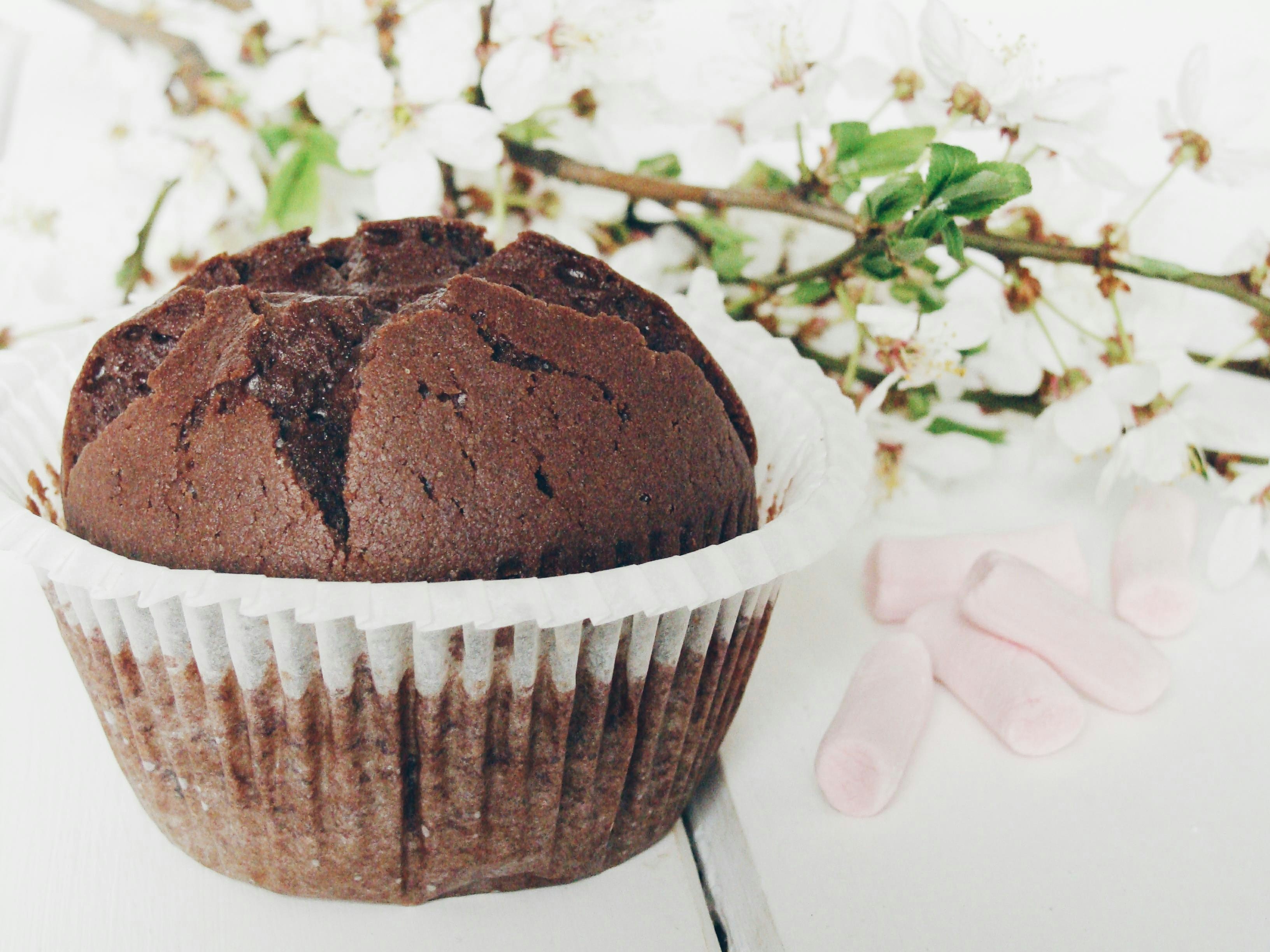 Cracked Cocoa Crown: A Chocolate Muffin Among Blossoms
